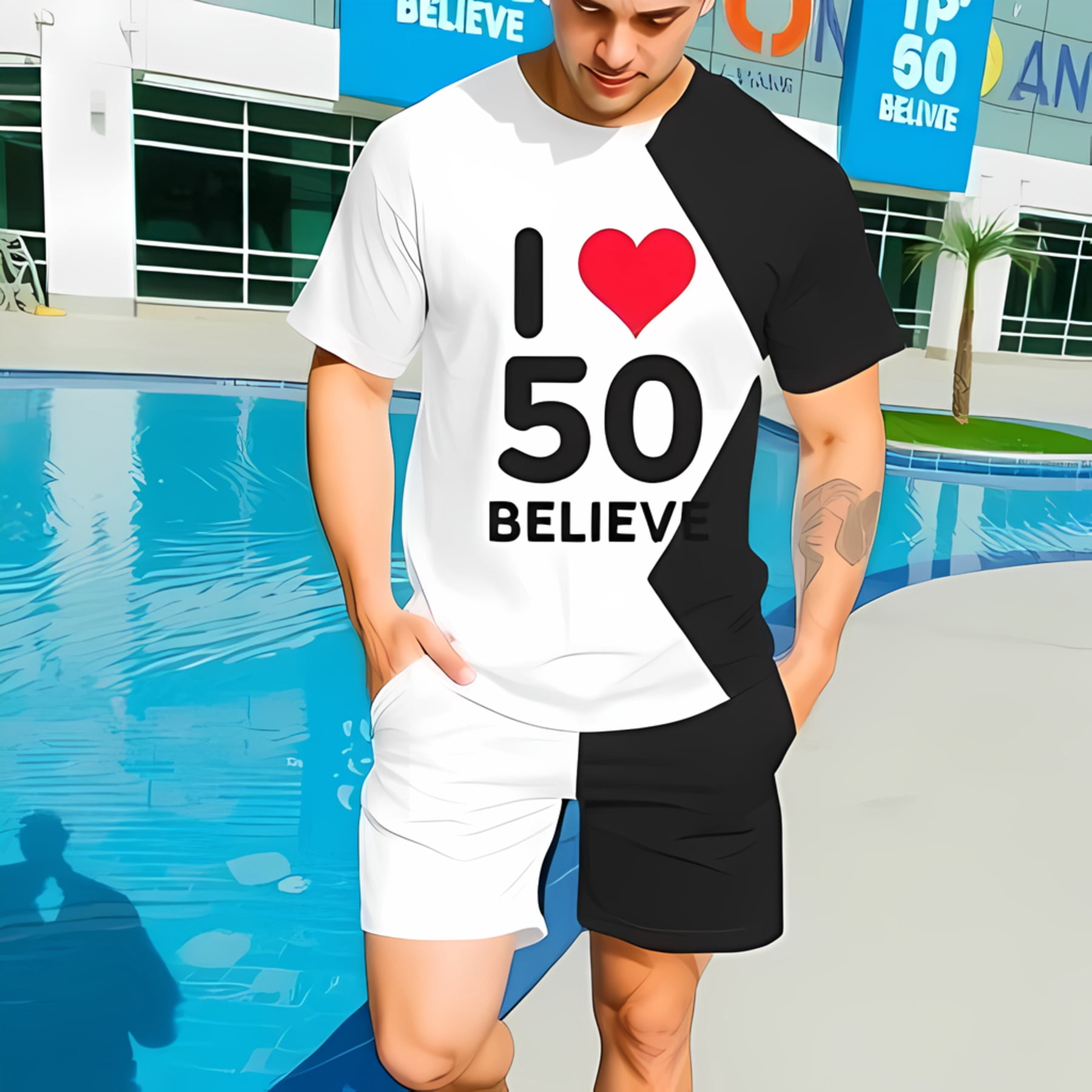 Stylish Half - Black Half - White Graphic T-Shirt & Matching Shorts Set ...