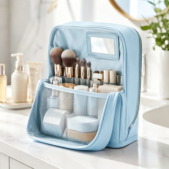 Stylish Handheld Partitioned Cosmetic Bag, Stand-Up Makeup Organizer ...