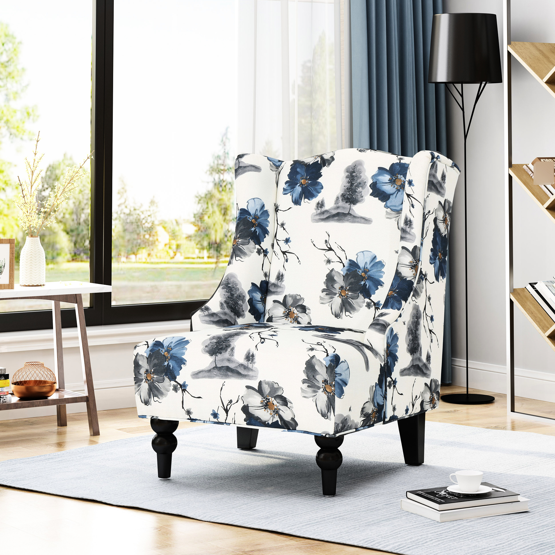 Stylish High-back Fabric Wingback Chair, Birch Wood Legs And Beige Blue ...
