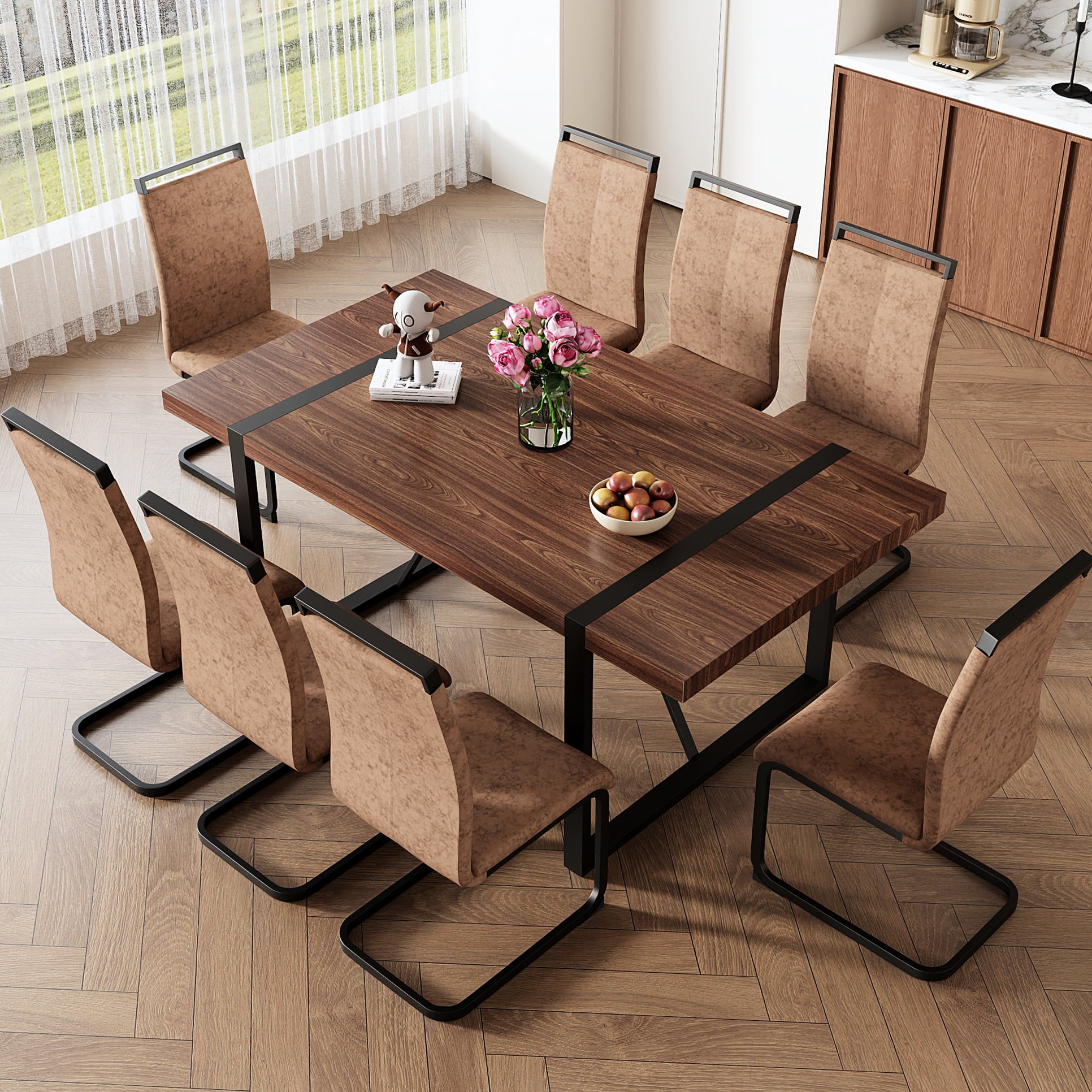 Stylish Industrial Dining Furniture - 71"x39.3" Walnut Color, 8 Soft ...