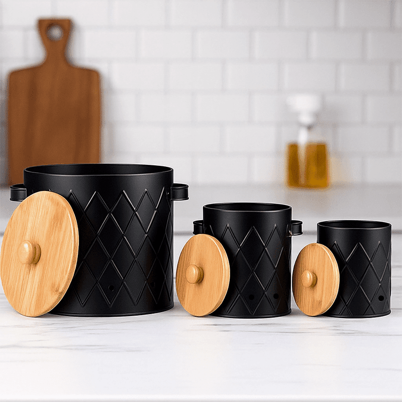 Stylish Kitchen Storage Containers Set of Three with Wooden Breathable ...