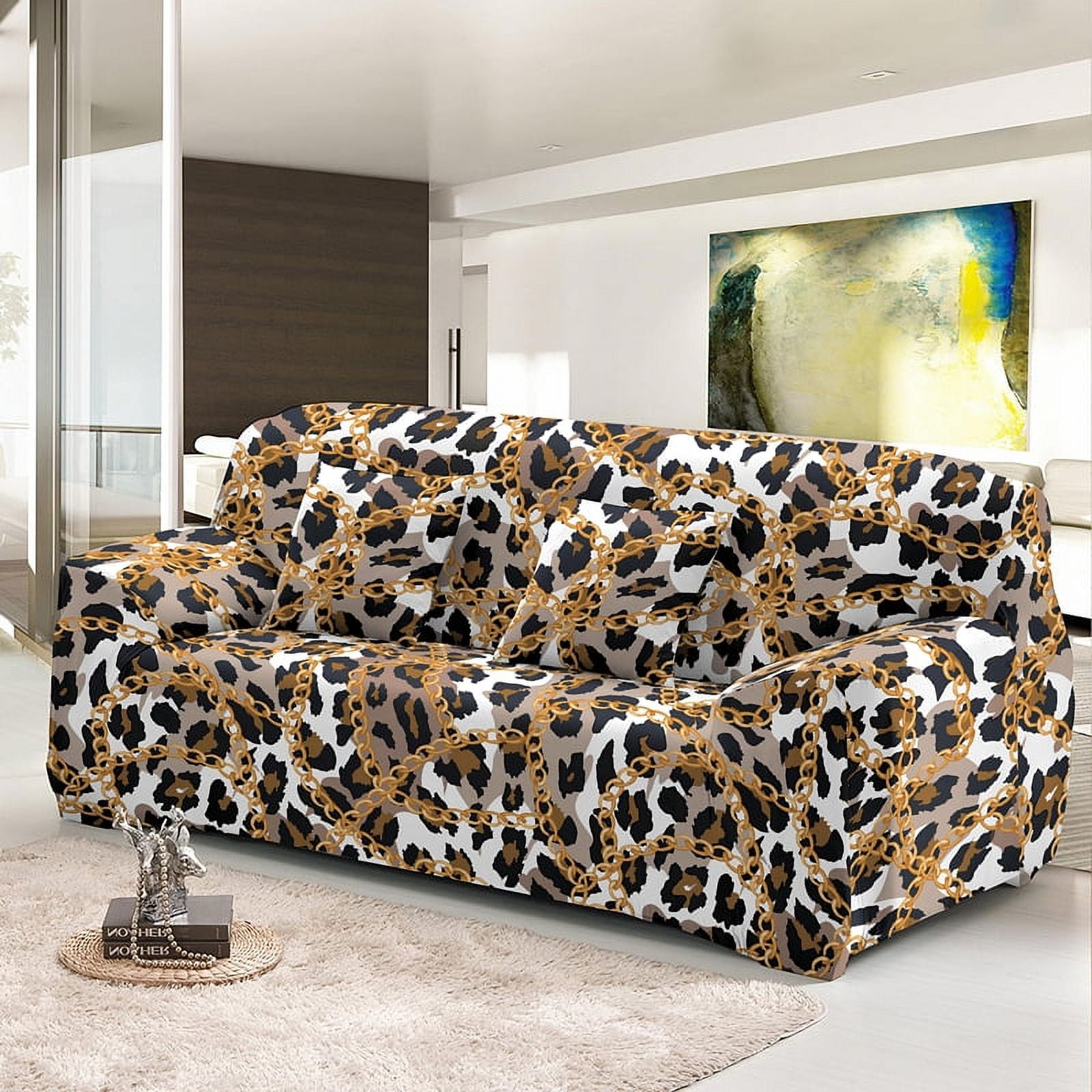 Stylish Leopard Gold Chain Slip-Resistant L Shape Corner Couch Cover Stretch Sofa Covers For ...