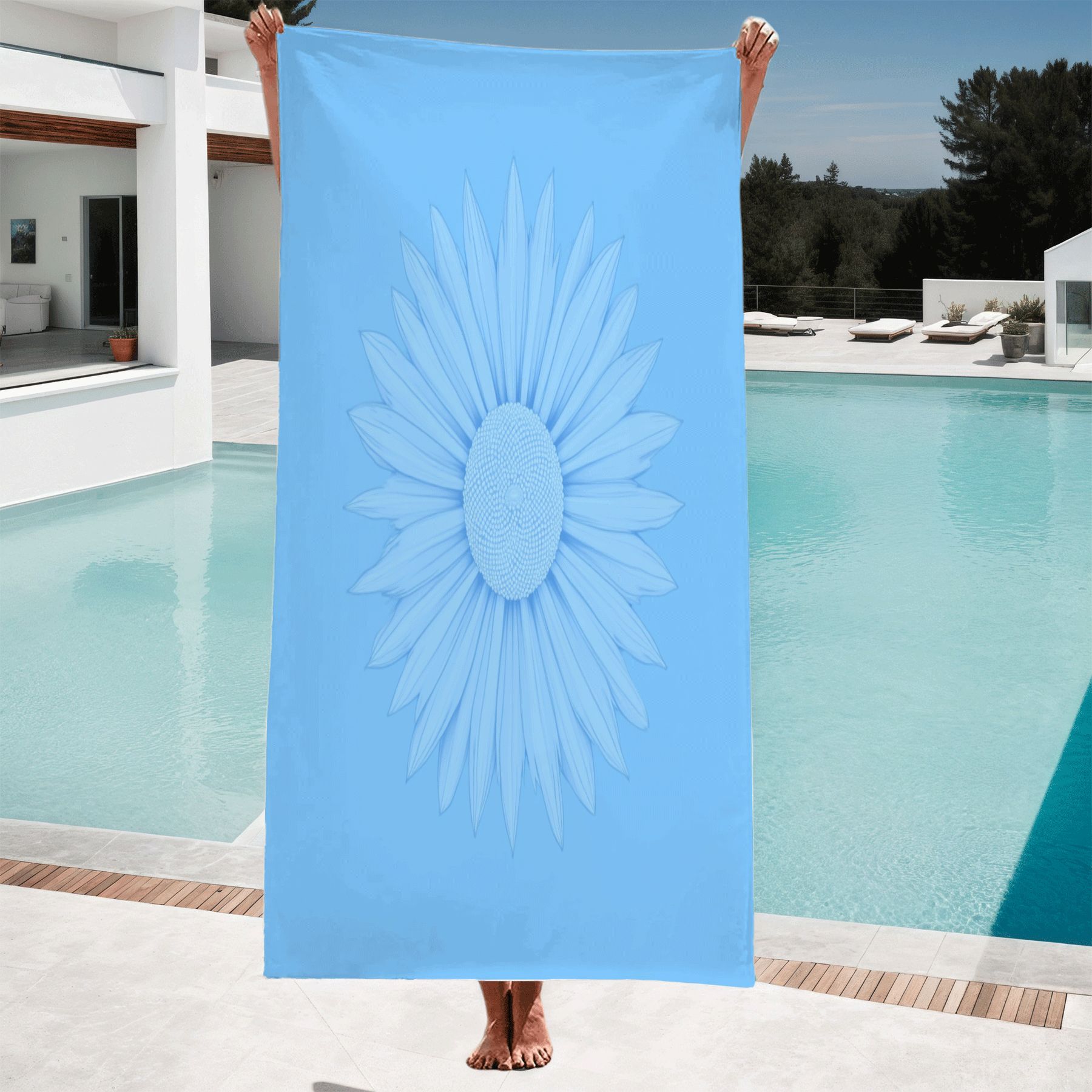 Stylish Light Blue Beach Towel with Minimalistic Sunflower Design ...