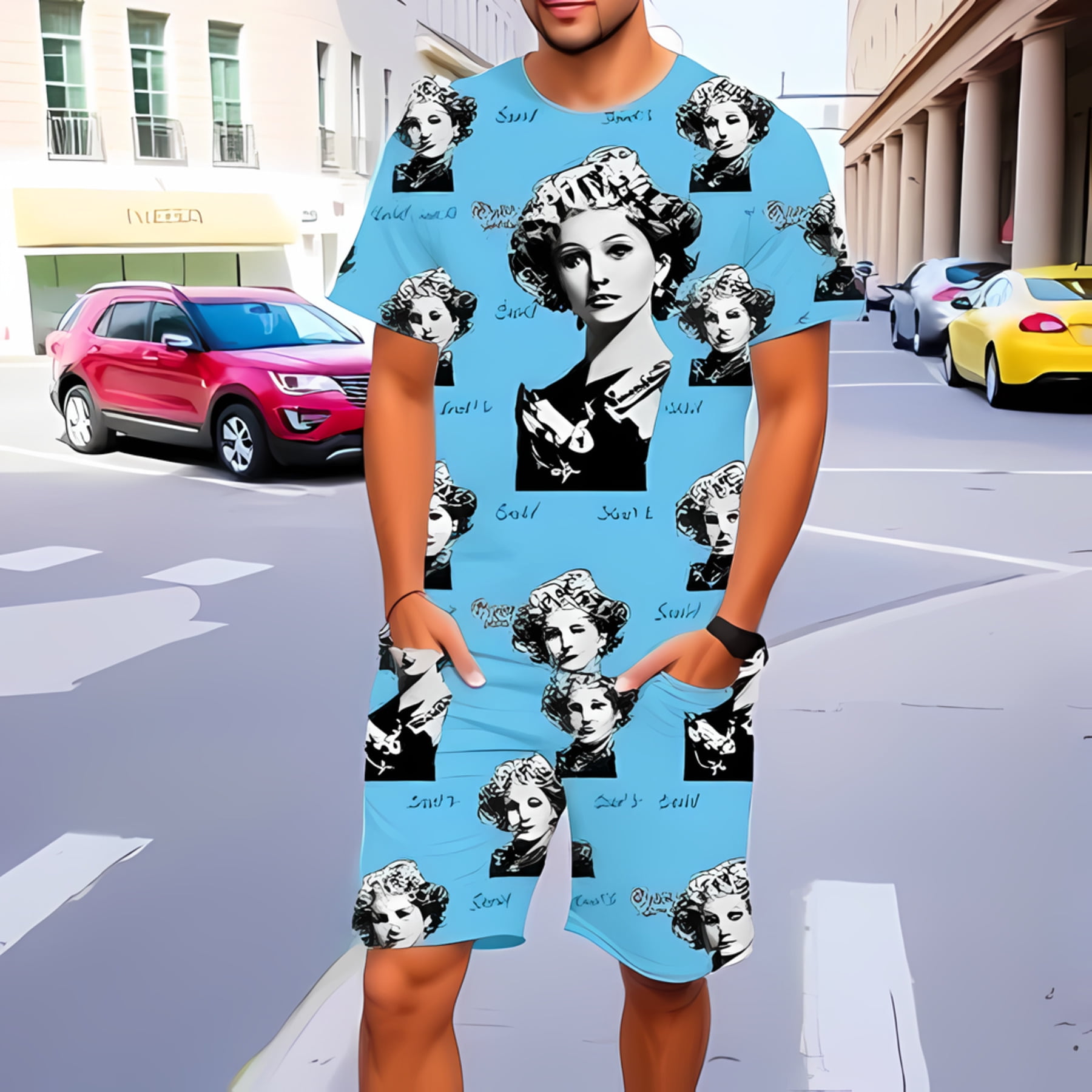 Stylish Light Blue T-Shirt & Shorts Set with Black & White Portraits ...