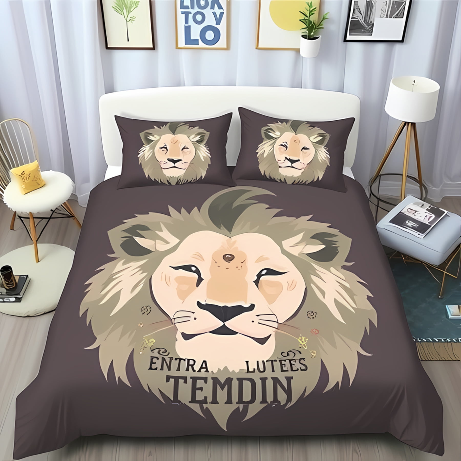 Stylish Lion's Head Bedding Set Dark Brown Gray Bedspread with Tan Lion ...