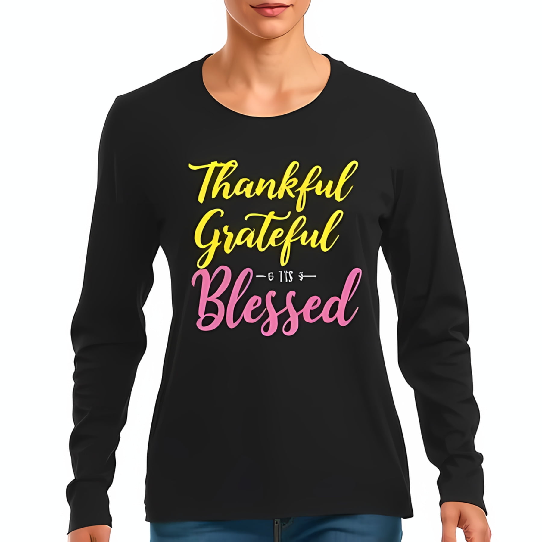 Stylish Long Sleeve Black T-Shirt with Colorful 'Thankful Grateful Blessed' Typography Design ...