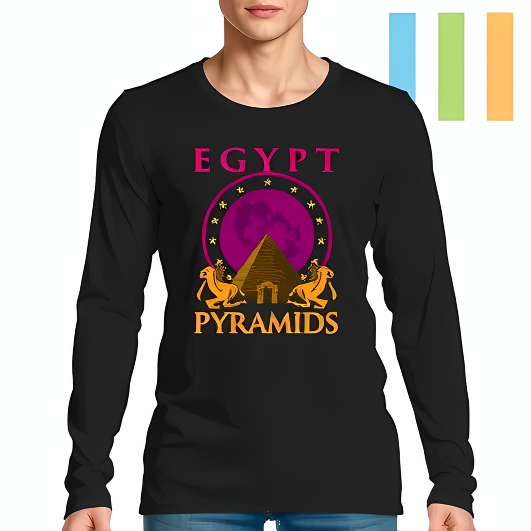 Stylish Long Sleeve Black T-Shirt for Men Women - Bold 'EGYPT' Graphic with Golden Pyramids ...