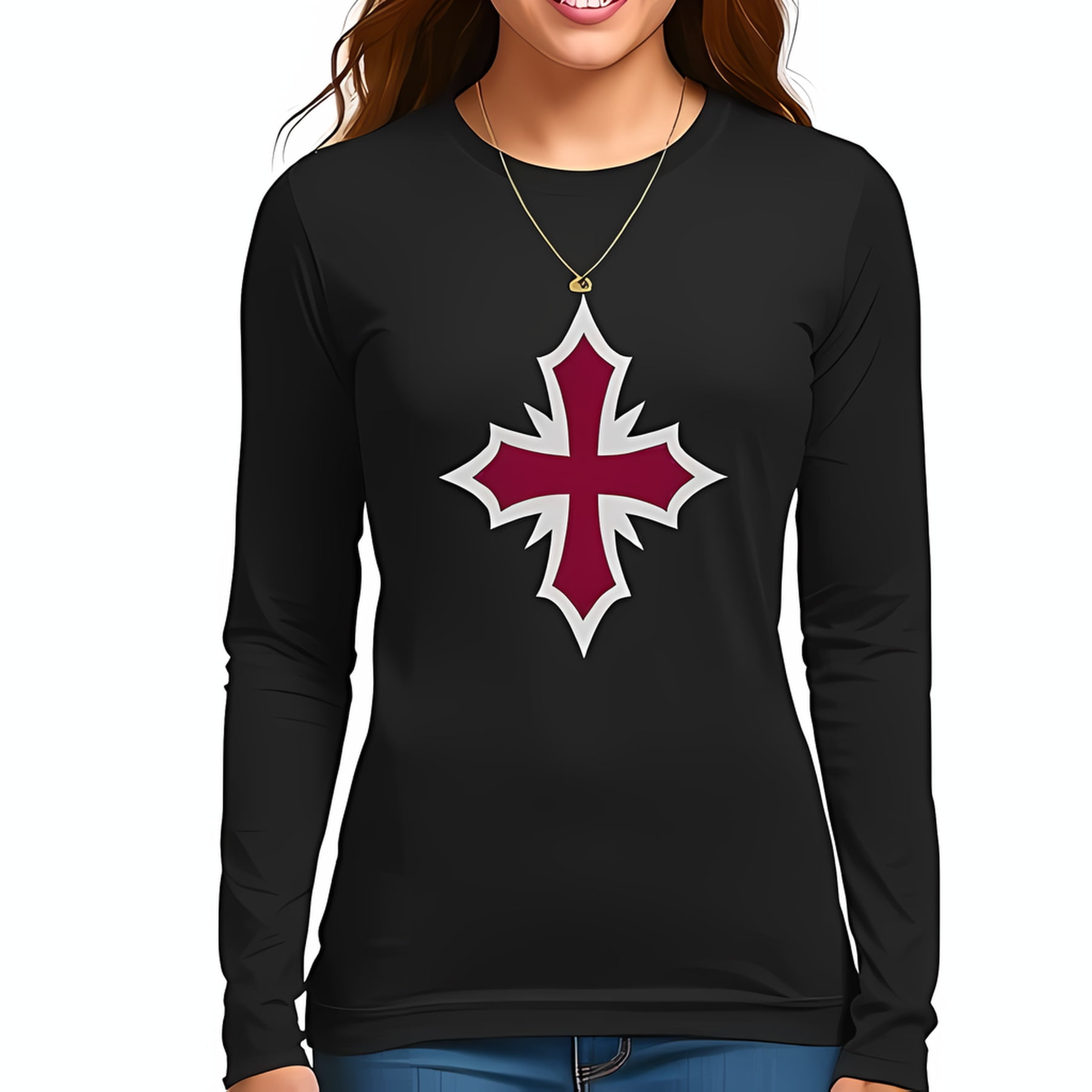 Stylish Long Sleeve Black T-Shirt with Bold Crimson Cross Design and ...