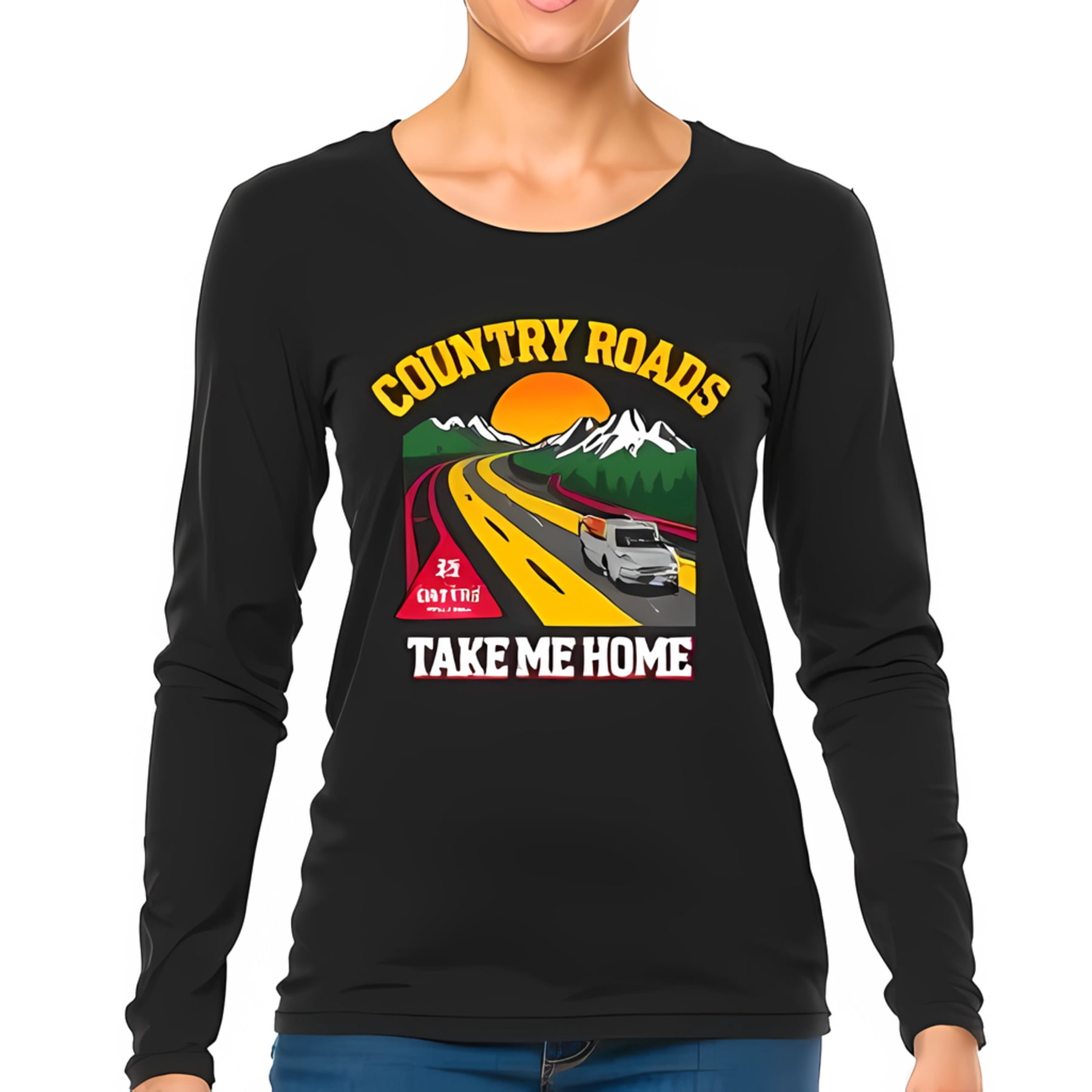 Stylish Long Sleeve Black T-Shirt with Vibrant 'COUNTRY ROADS' Graphic ...