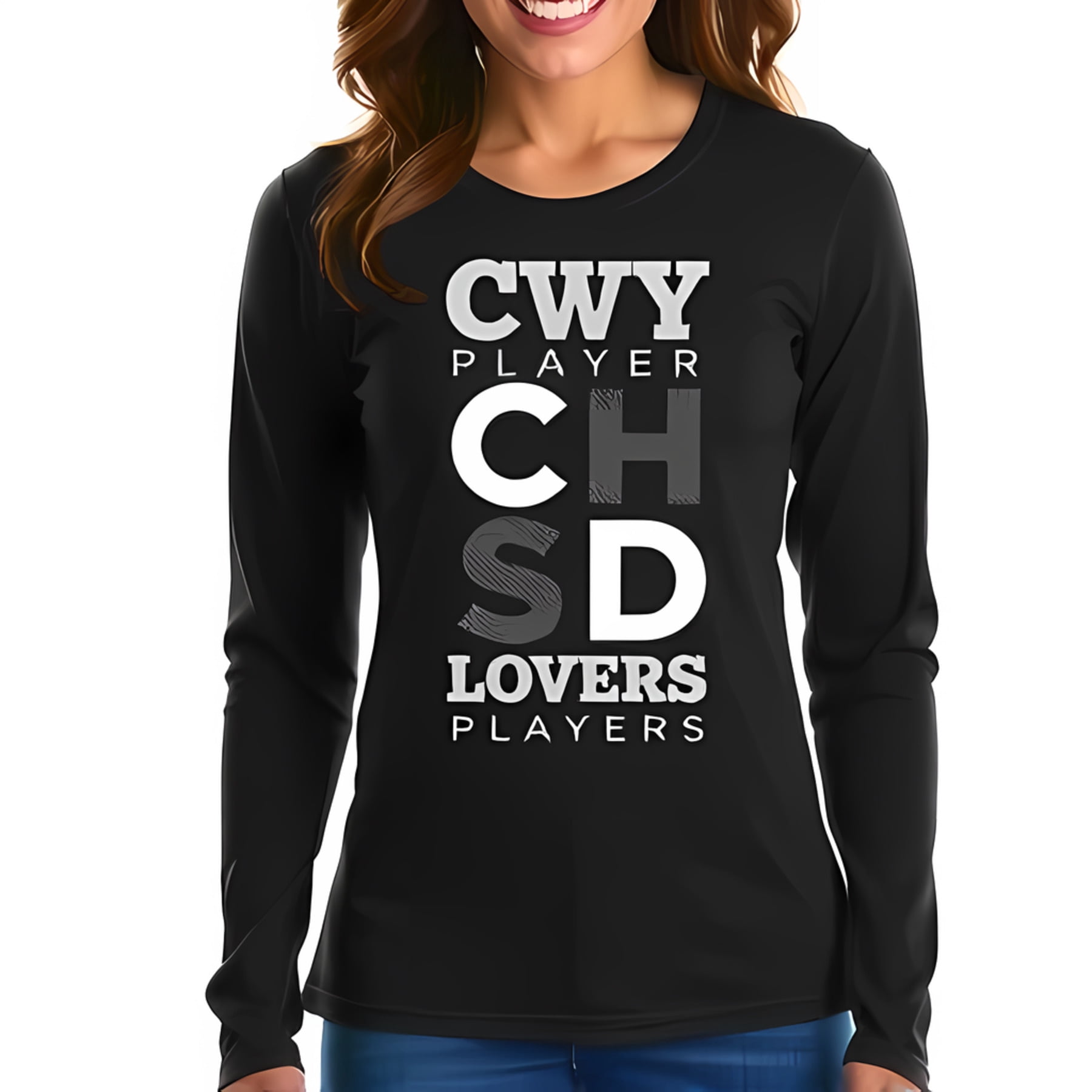 Stylish Long Sleeve T-Shirt with Bold Vertically Stacked Graphic Design ...