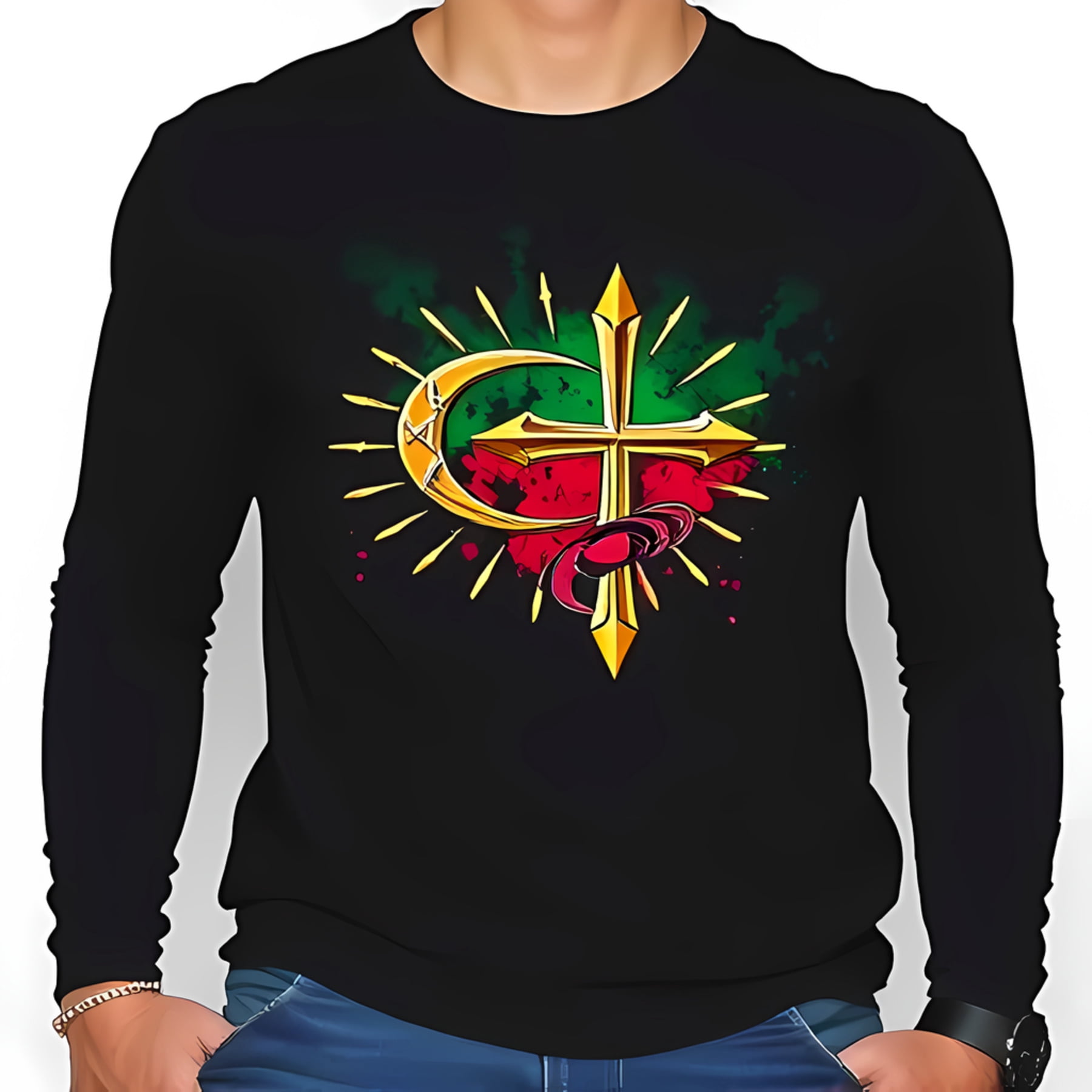 Stylish Long Sleeve T-Shirt with Gold Cross and Graphic - Edgy Art ...