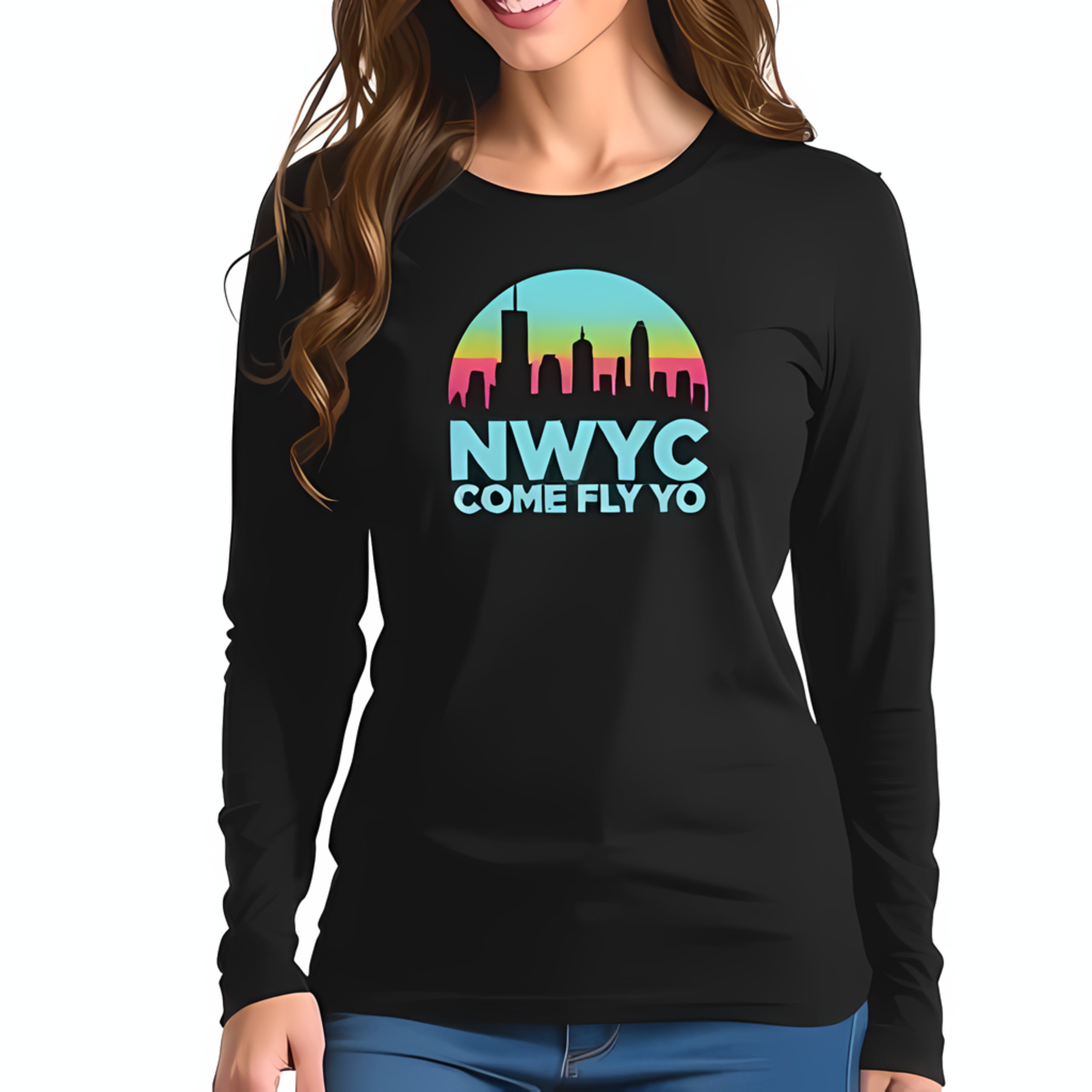 Stylish Long Sleeve T-Shirt with NYC Graphic and Sunset Design - "NWYC ...