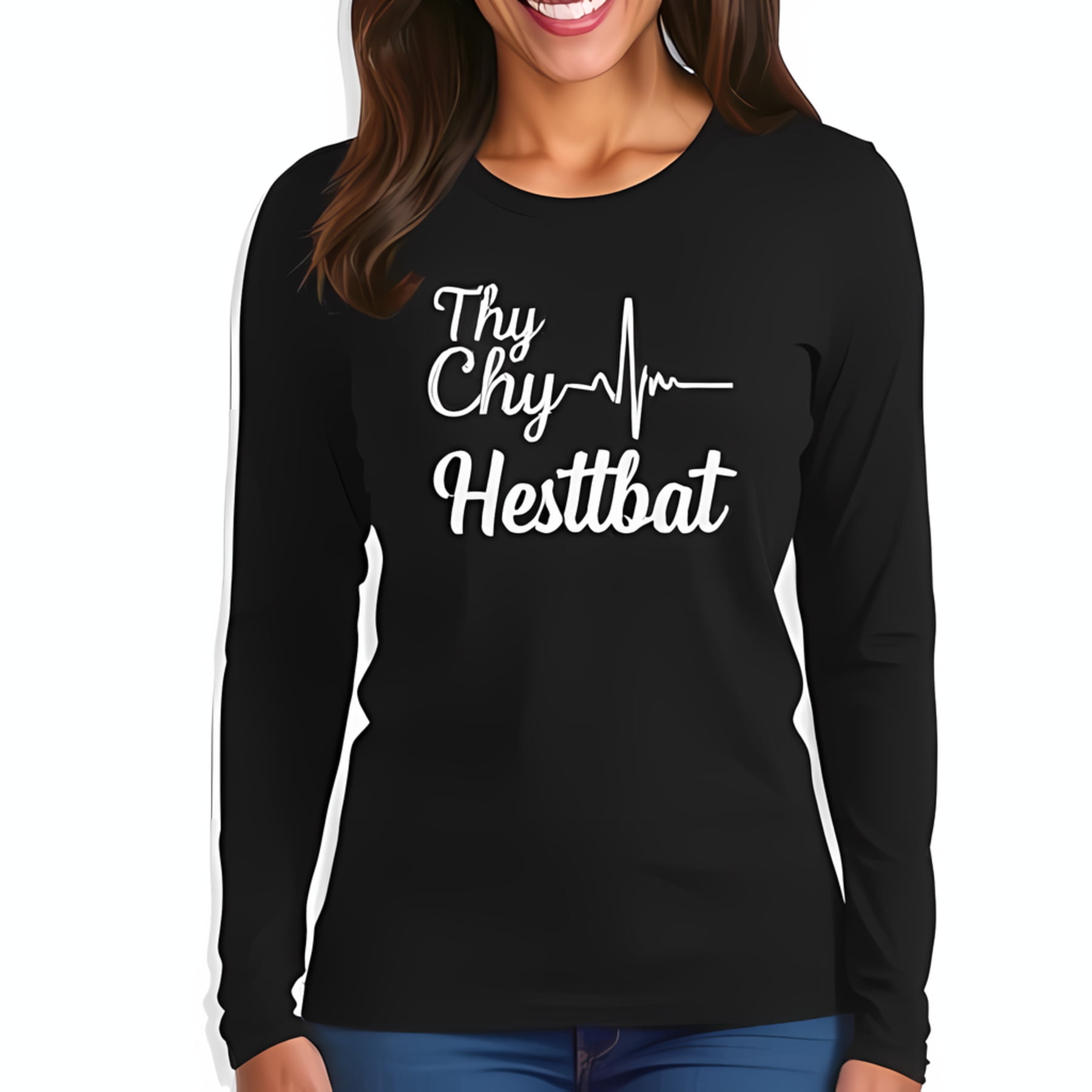 Stylish Long Sleeve T-Shirt with 'Thy Chy' and Heartbeat Graphic in ...