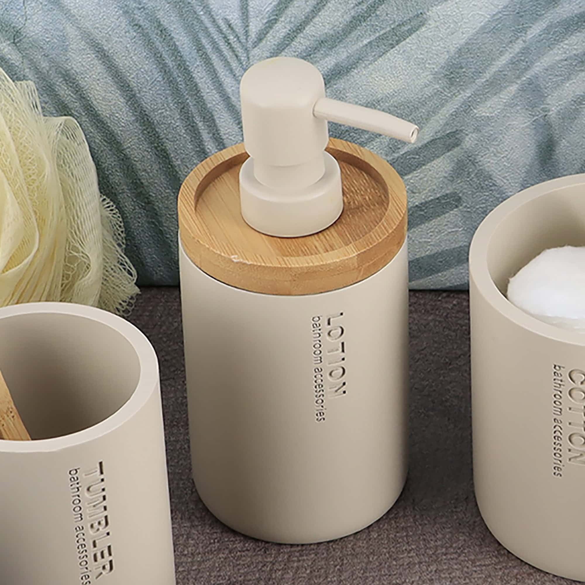 Stylish Matte Beige Soap Dispenser with Natural Bamboo Top - Polyresin ...