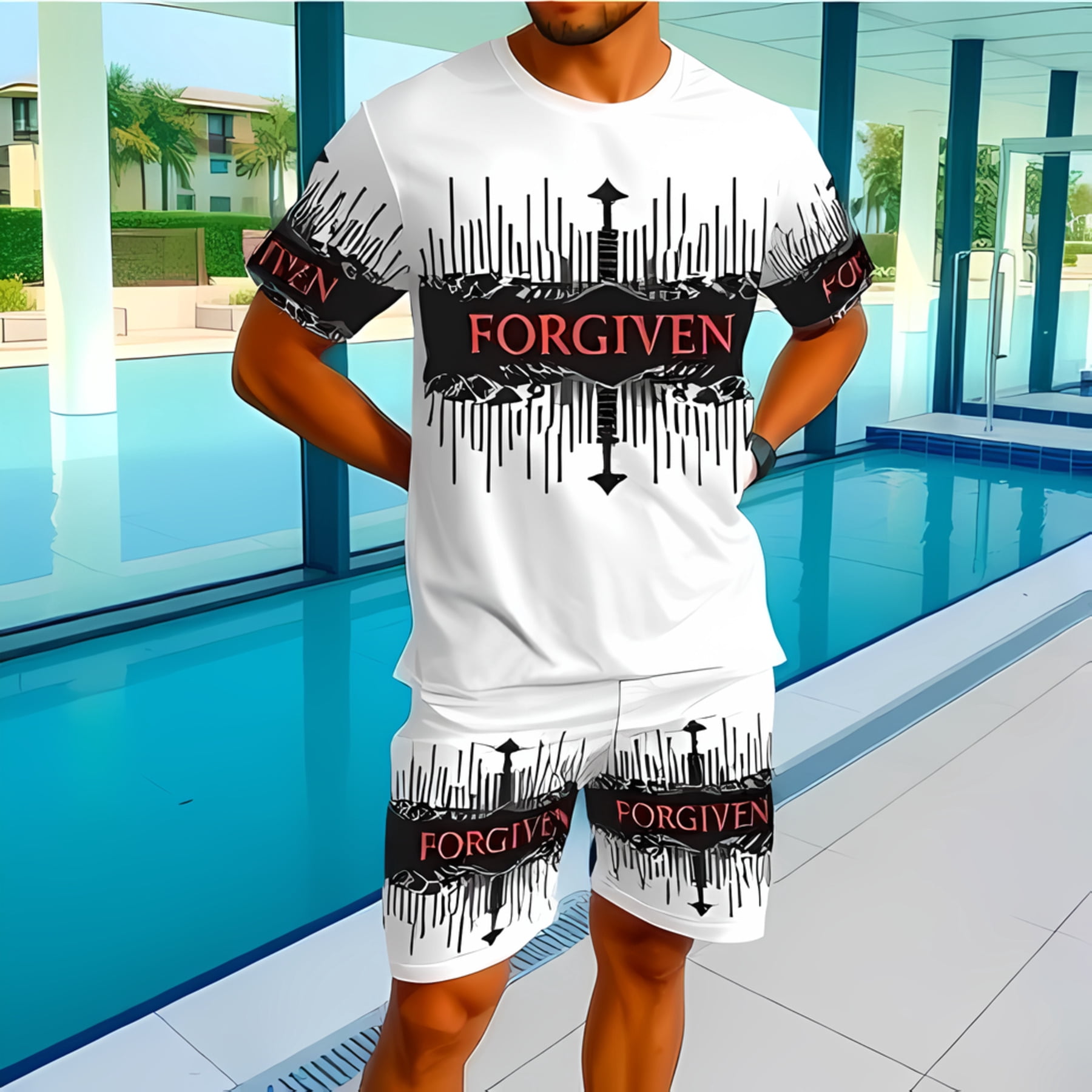 Stylish Men's Athletic T-Shirt and Shorts Set with Bold Cross Graphic ...