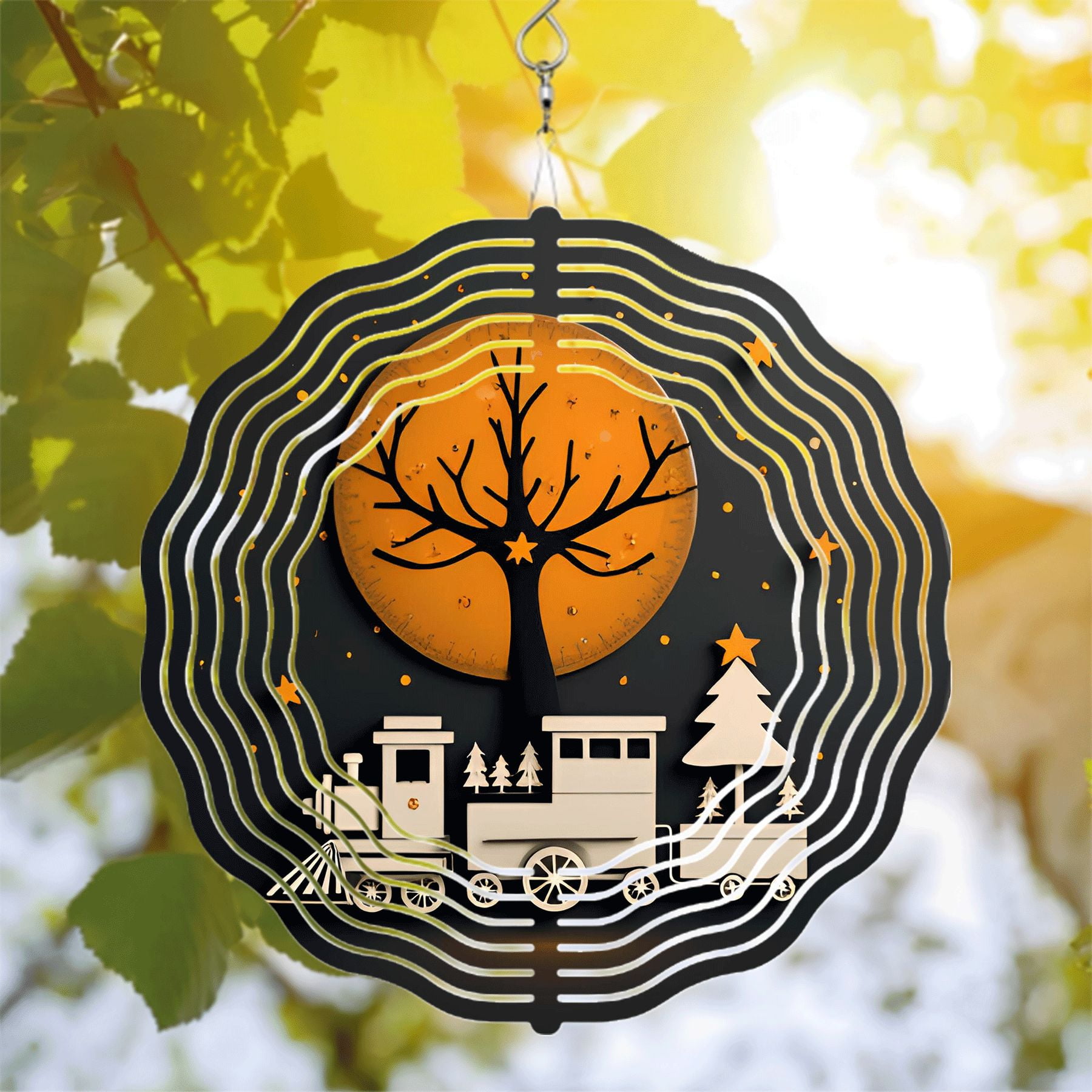 Stylish Metal Hanging Wind Spinner - Circular Train Design with Orange ...