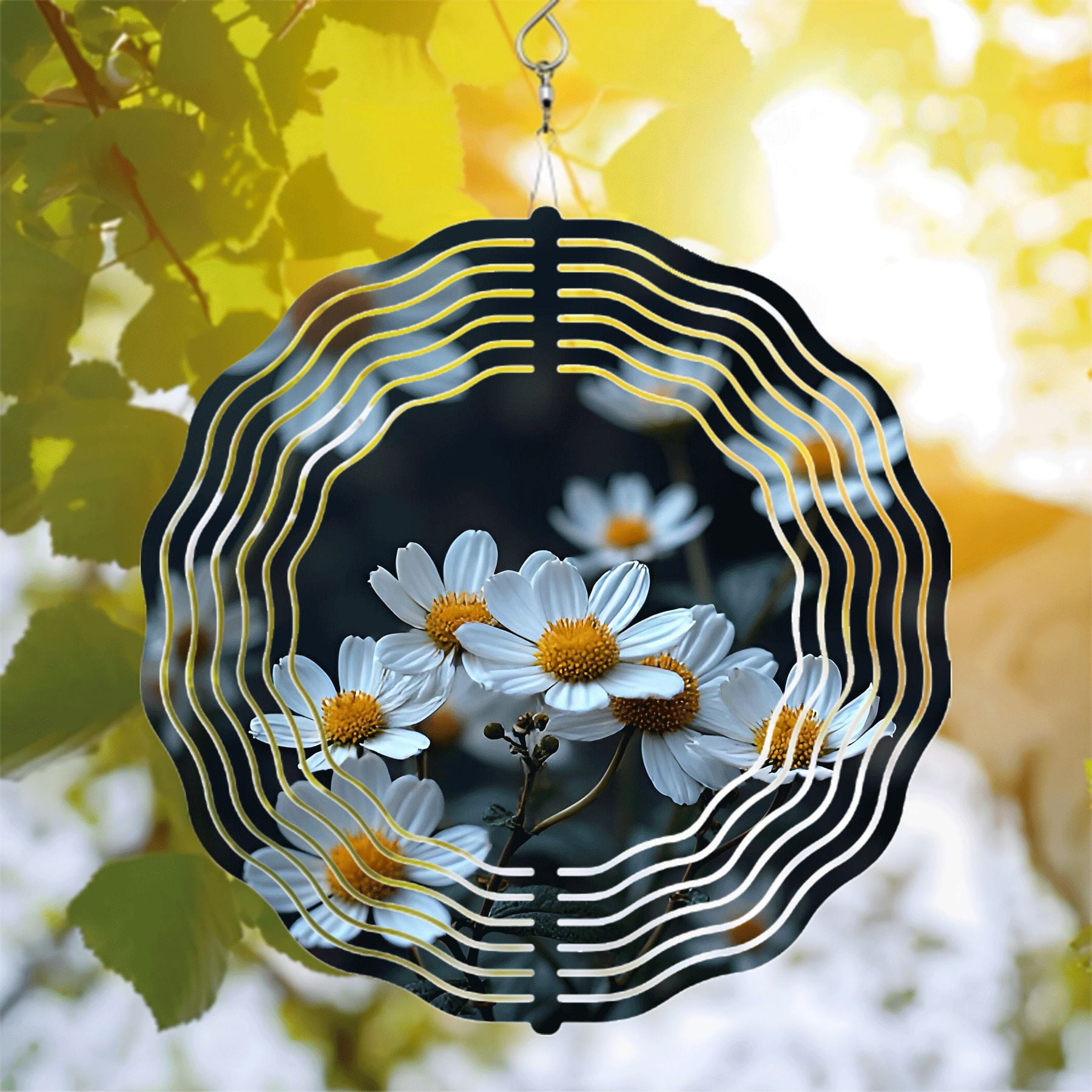 Stylish Metal Hanging Wind Spinner with Circular Daisy Design - Unique ...