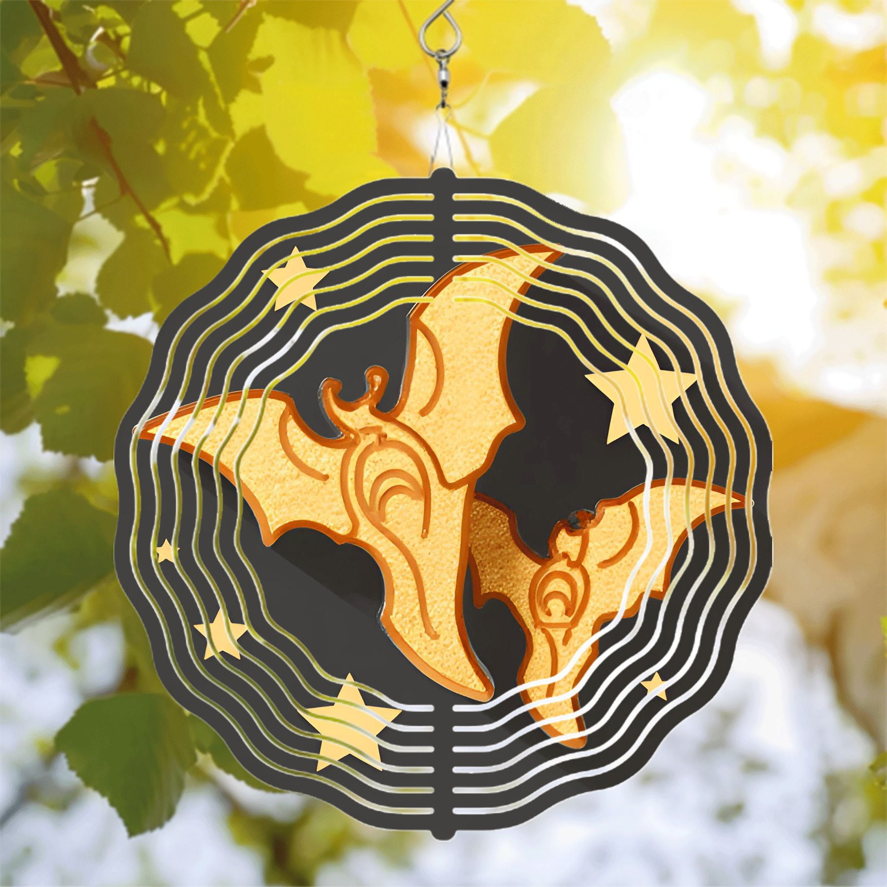 Stylish Metal Hanging Wind Spinners - Celestial Golden Bats Design with ...