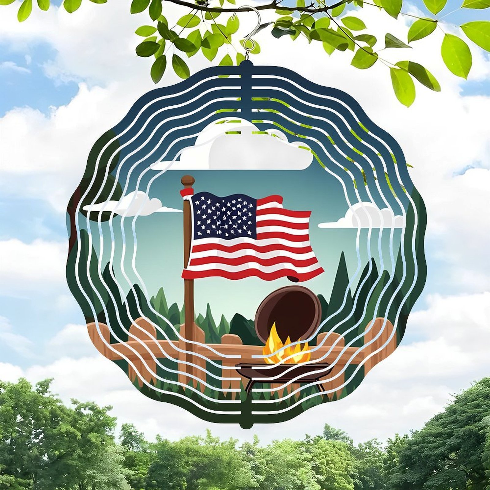 Stylish Metal Wind Spinner with American Flag Design Forest Elements ...