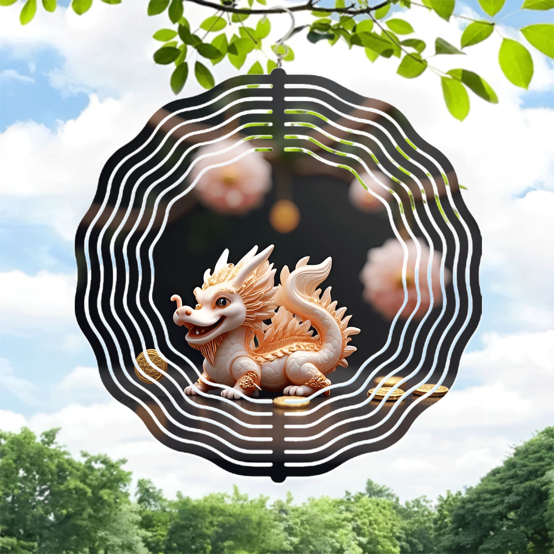 Stylish Metal Wind Spinner with Cheerful Dragon Design Golden & White ...