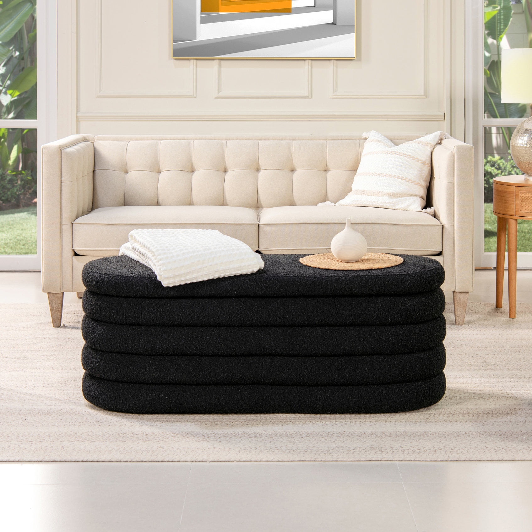 Stylish Mid - Century Look - 49" Boucle Bench with Hidden Storage in ...