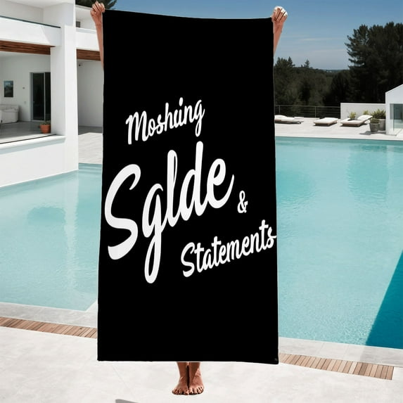 Stylish Minimalist Black Beach Towel with Cursive White Text: " Moshing ...