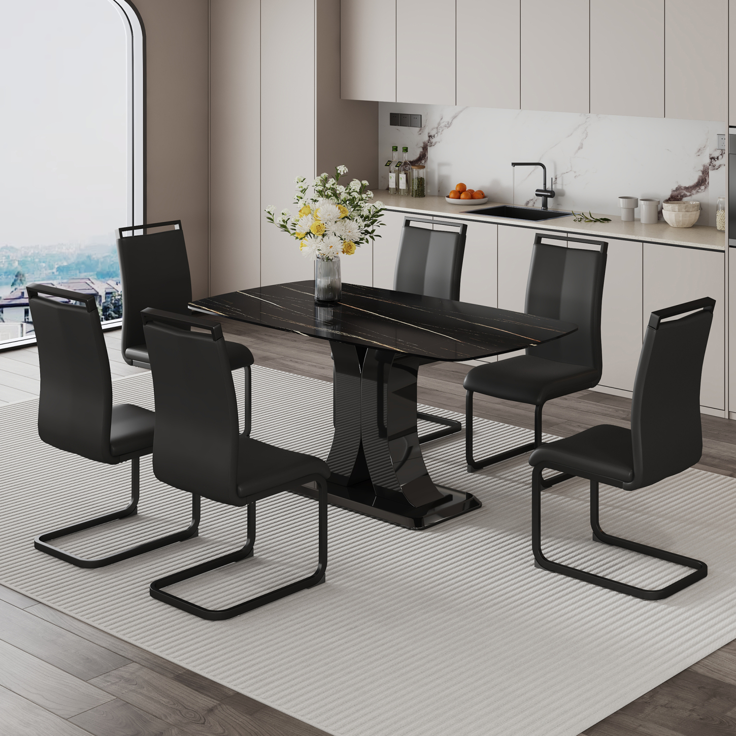 Stylish Minimalist Black Dining Table Set - Imitation Marble Desktop ...