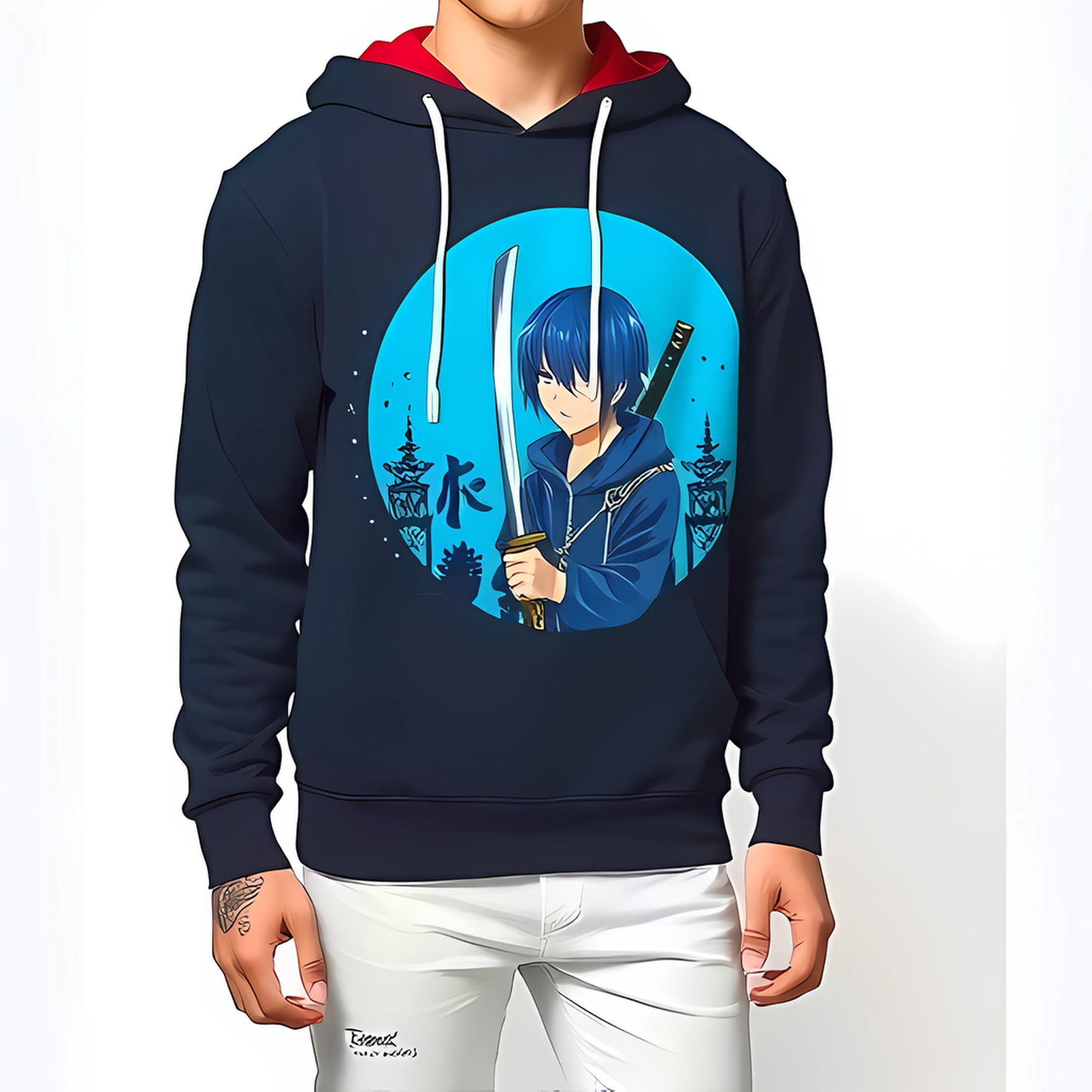 Stylish Navy Blue 3D Anime Hoodie with Blue-Haired Character & Katana ...