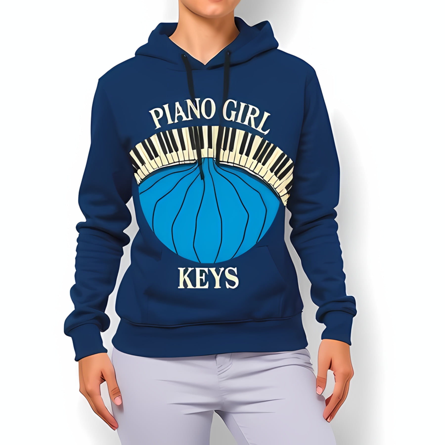 Stylish Navy Blue 3D Hoodie with Piano Keys Design and Vibrant Blue Orb ...