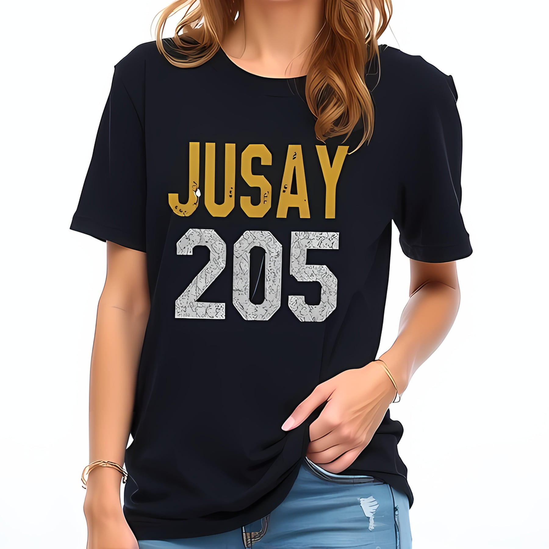 Stylish Navy Blue T-Shirt with Gold 'JUSAY' Graphic & Glittery '205 ...
