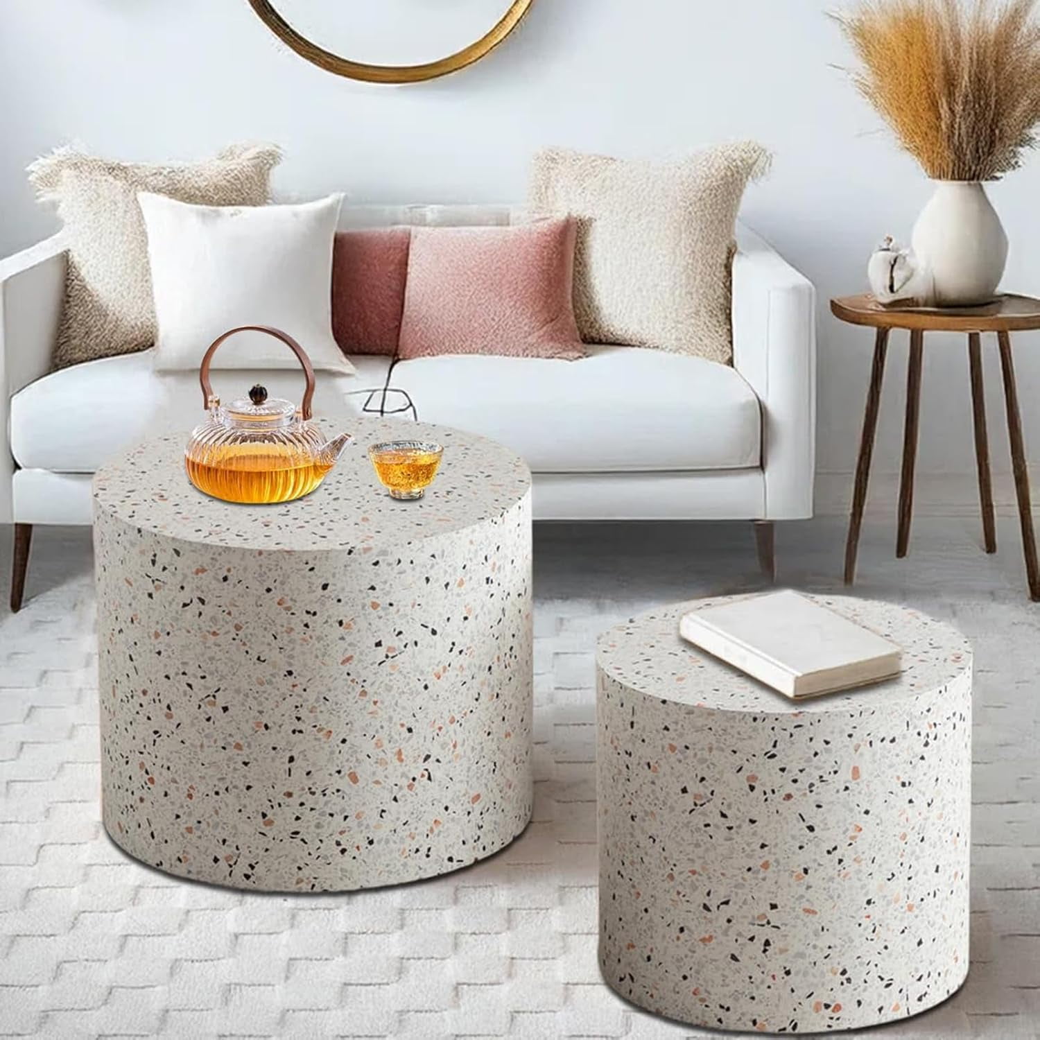Stylish Nesting Coffee Table Set of 2, Elegant Chic Round Wooden Center ...