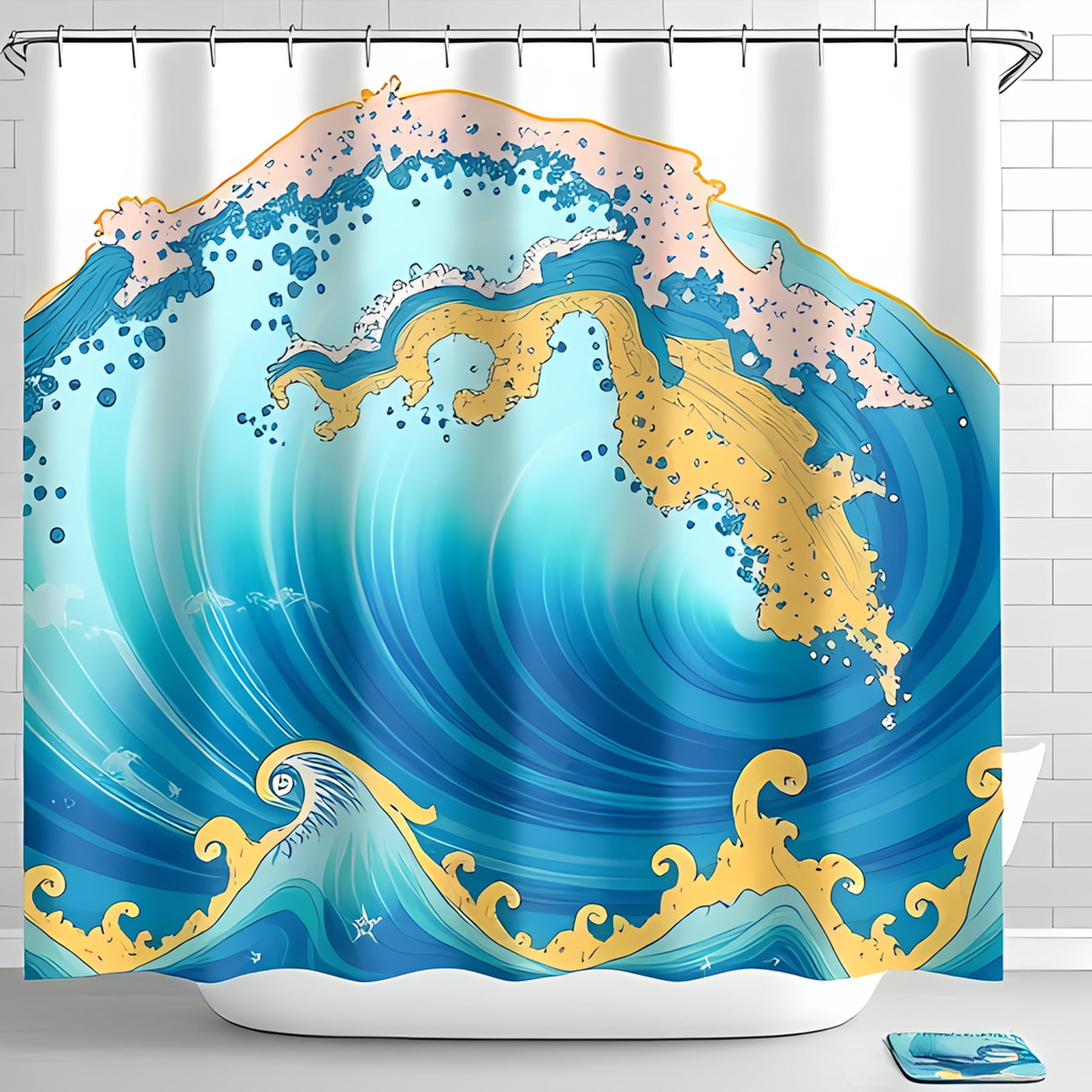 Stylish Ocean Wave Shower Curtain - Teal & Blue Design with Sandy ...