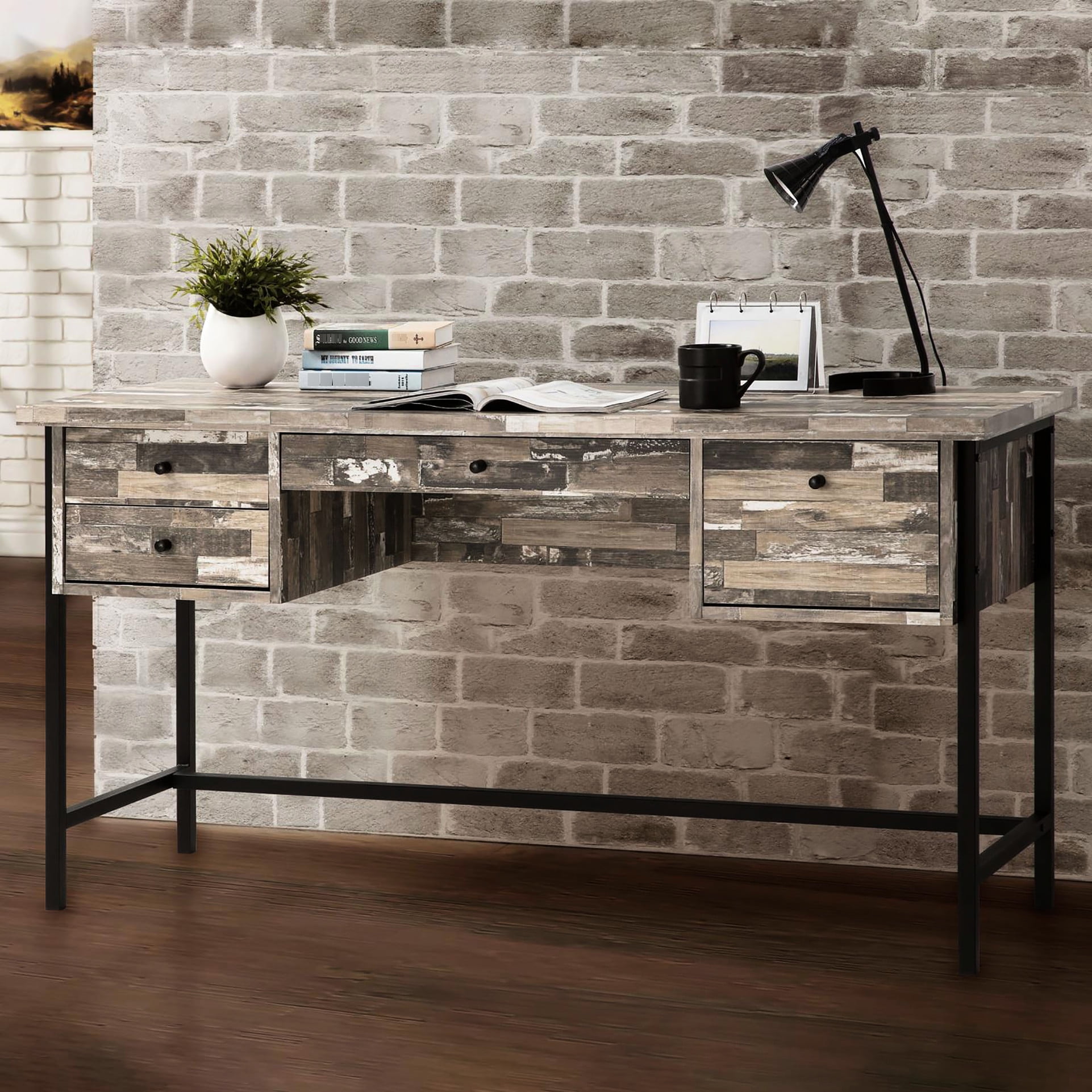Stylish Office Desk With 4 Drawers - Salvaged Cabin Finish & Industrial ...