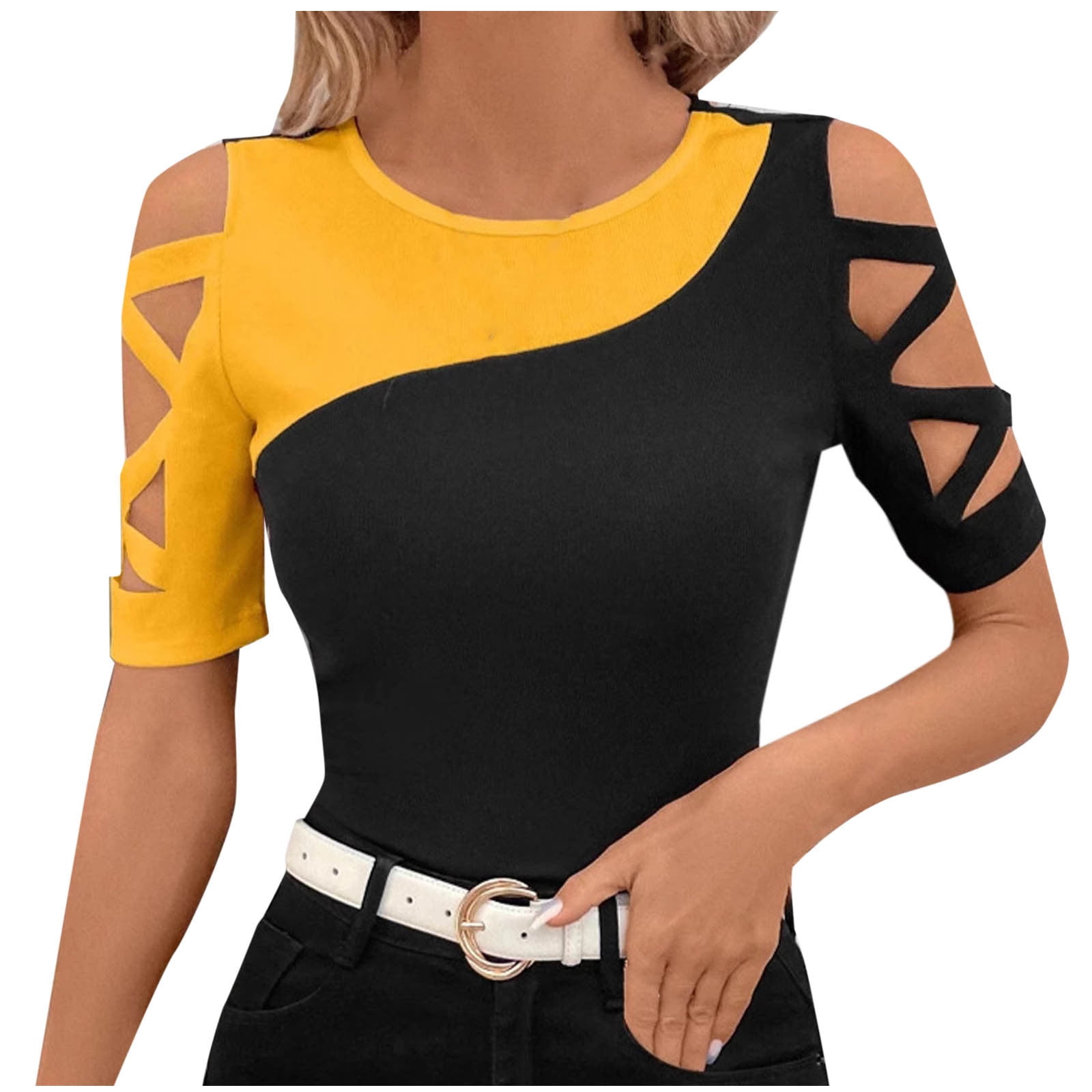 Stylish Olyvenn Women's Colorblock Criss Cross Cut Out Short Sleeve ...