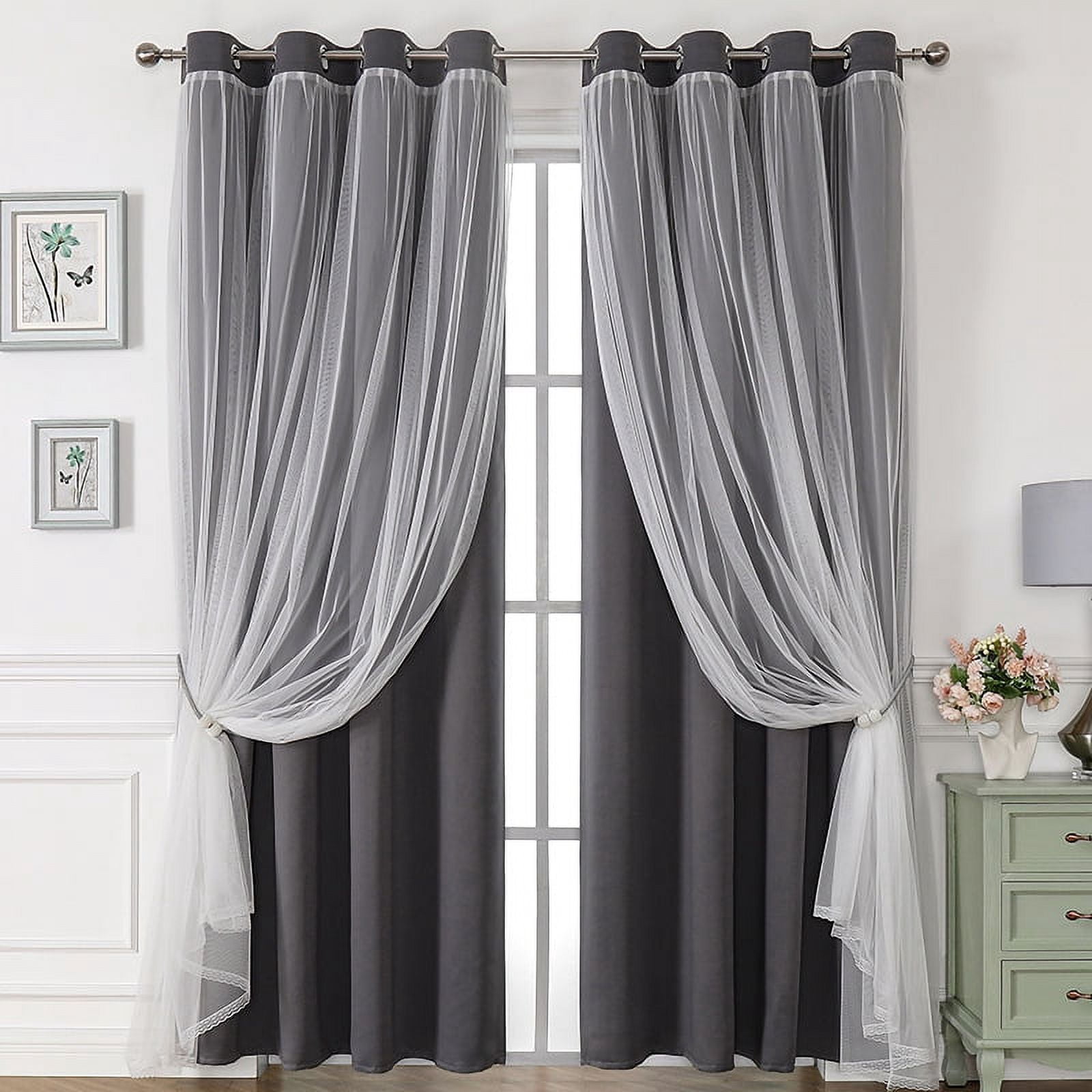 Stylish Overlay Sheer Layered Blackout Curtains Modern Home Window ...