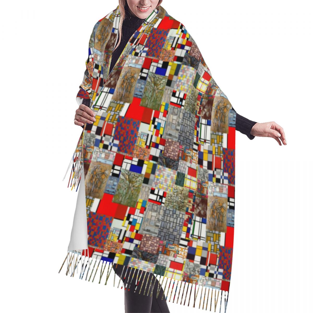 Stylish Piet Mondrian Minimalist De Stijl Modern Art Tassel Scarf Women ...