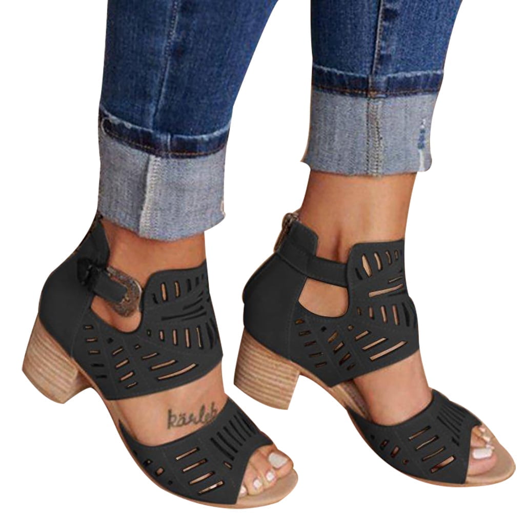 Stylish Platform Fish Mouth Sandals in Black - Slip-On Chunky Heel ...