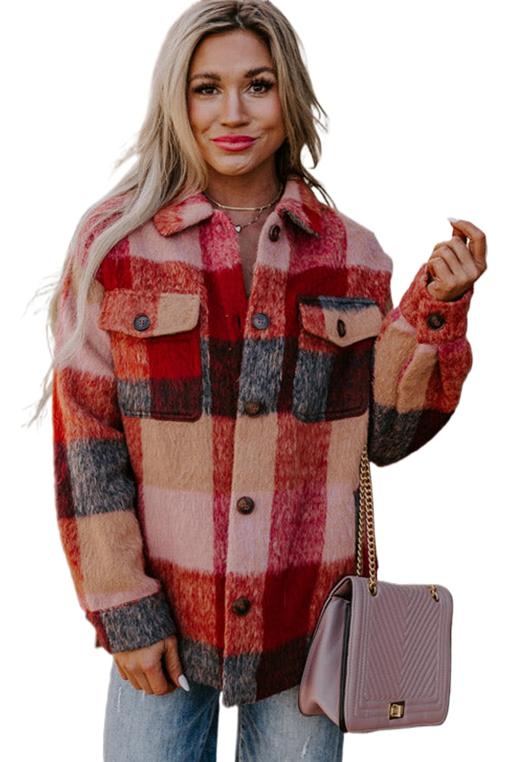 Stylish Plus Size Orange Plaid Jacket with Flap Pockets and Button ...