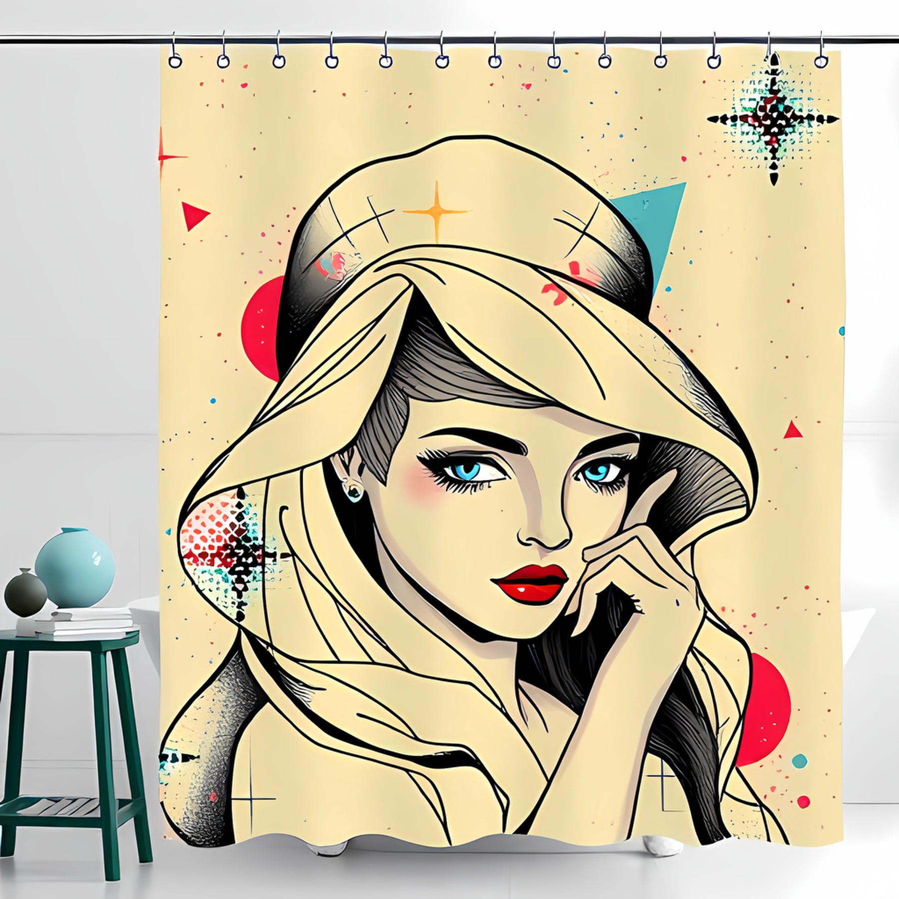 Stylish Pop Art Shower Curtain - Vintage Pin-Up Design with Blue Eyes ...