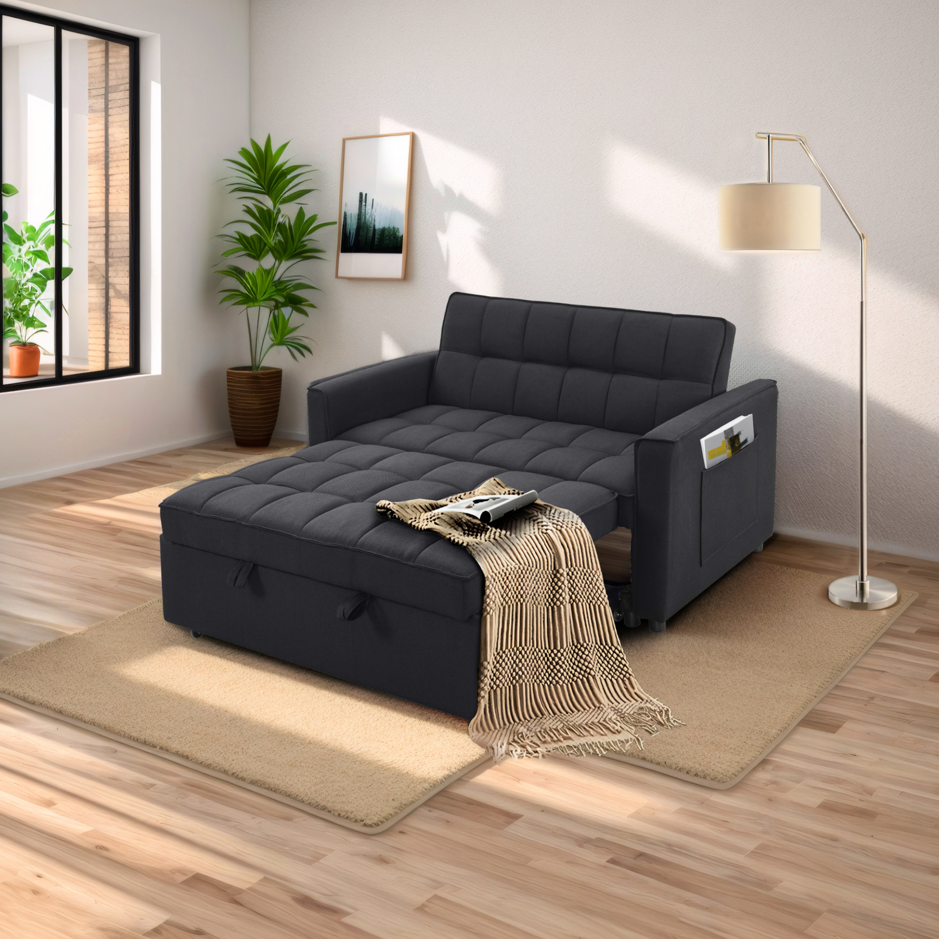 Stylish Pull-out Bed In Black With Woven & Wood. Modern Look For Living ...
