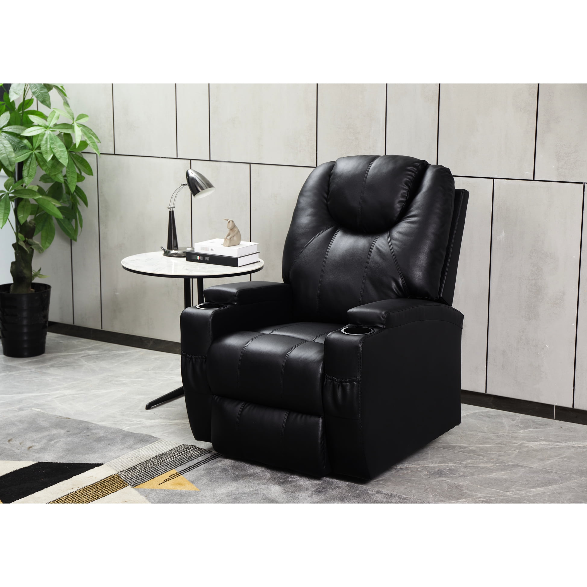 Stylish Recliner In Black Faux Leather With Cup Holders And Remote Operation System Modern ...