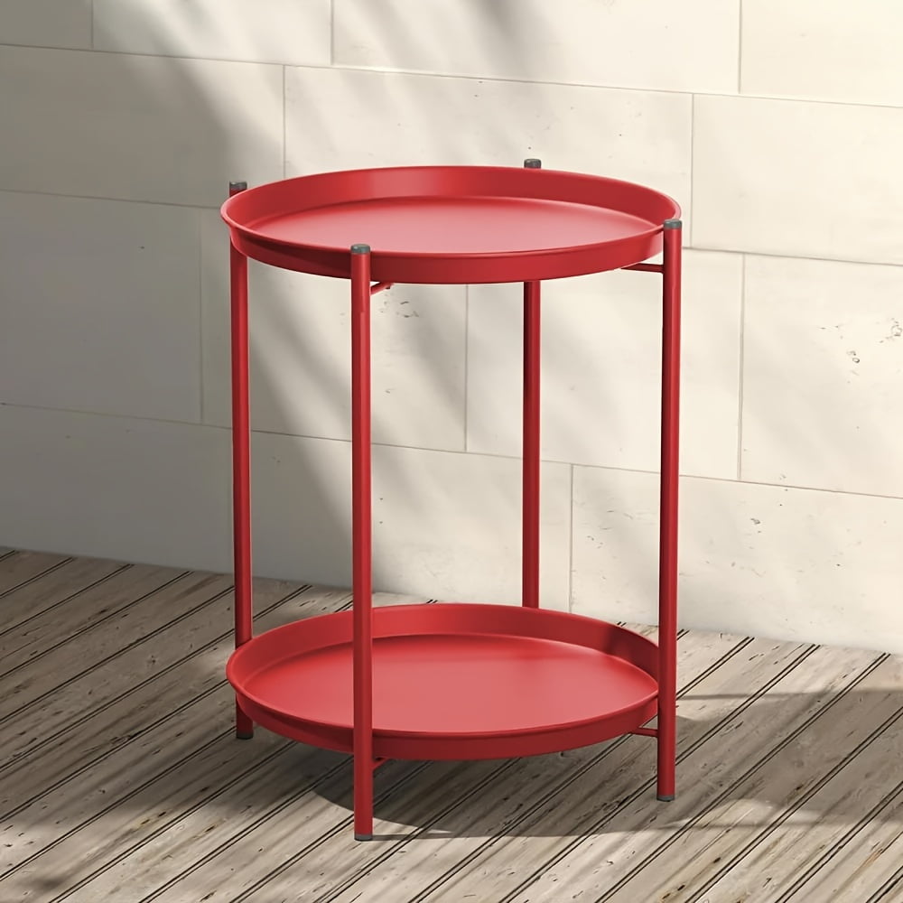 Stylish Red 2-Tier Round Outdoor Side Table with Alloy Steel Frame ...