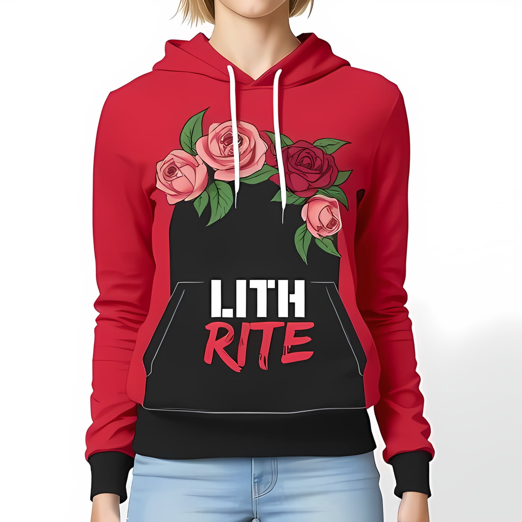 Stylish Red Hoodie Sweatshirt with Black Graphic Design - "LITH RITE ...