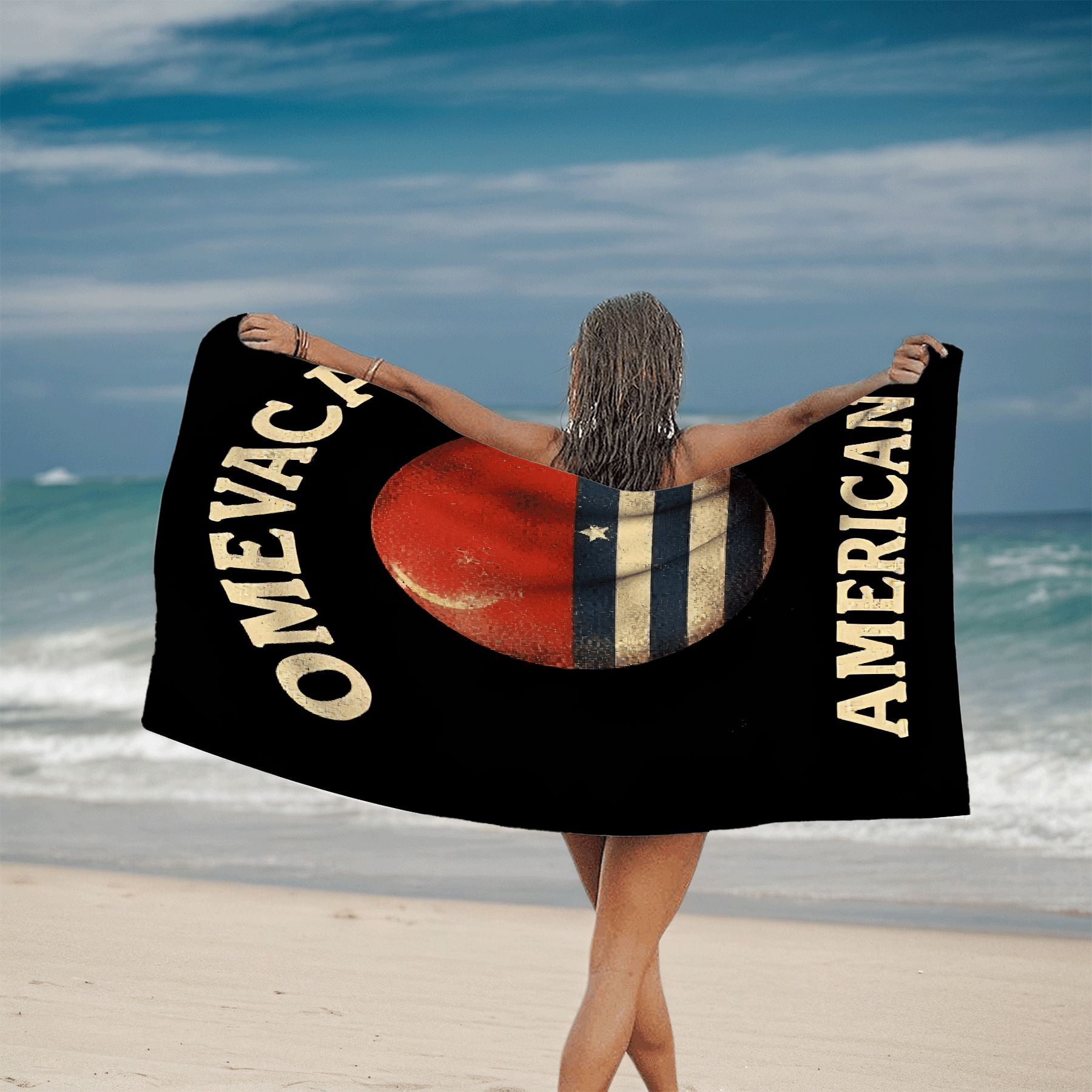 Stylish Red Oval Emblem Beach Towel - Bold ' OMEVACA ' Design with Blue ...