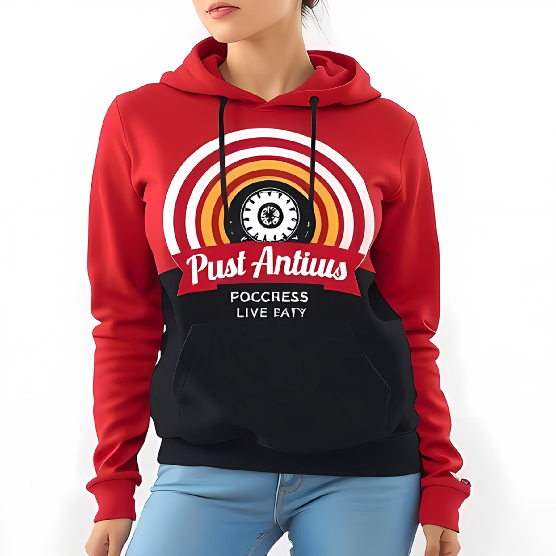 Stylish Red and Black 3D Graphic Hoodie with Vintage Clock Design and ...