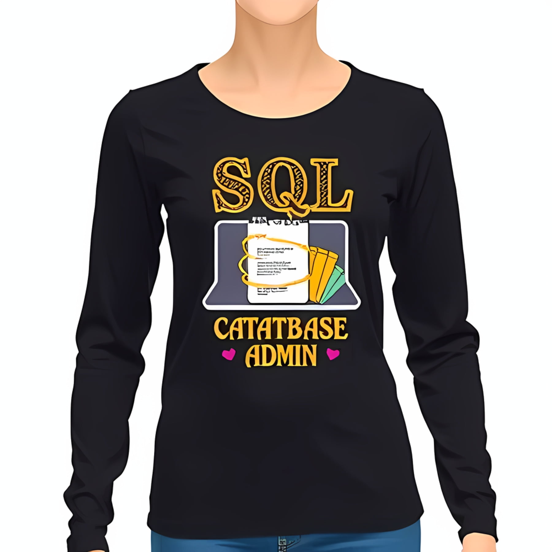 Stylish SQL Database Admin Long Sleeve T-Shirt with Bold Text and Colorful Code Graphic Design ...