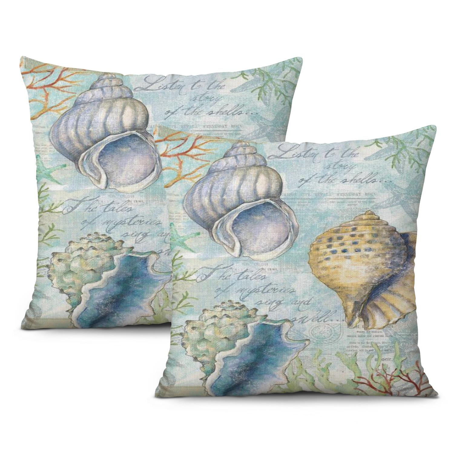 Stylish Seaside Decor: Set of 2 Ocean Coral Seashell Starfish 18x18 ...