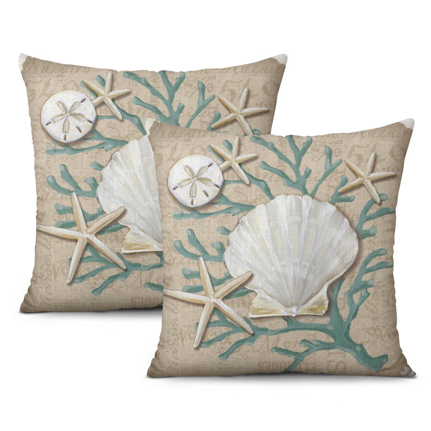 Stylish Seaside Decor: Set of 2 Ocean Coral Seashell Starfish 20x20 ...
