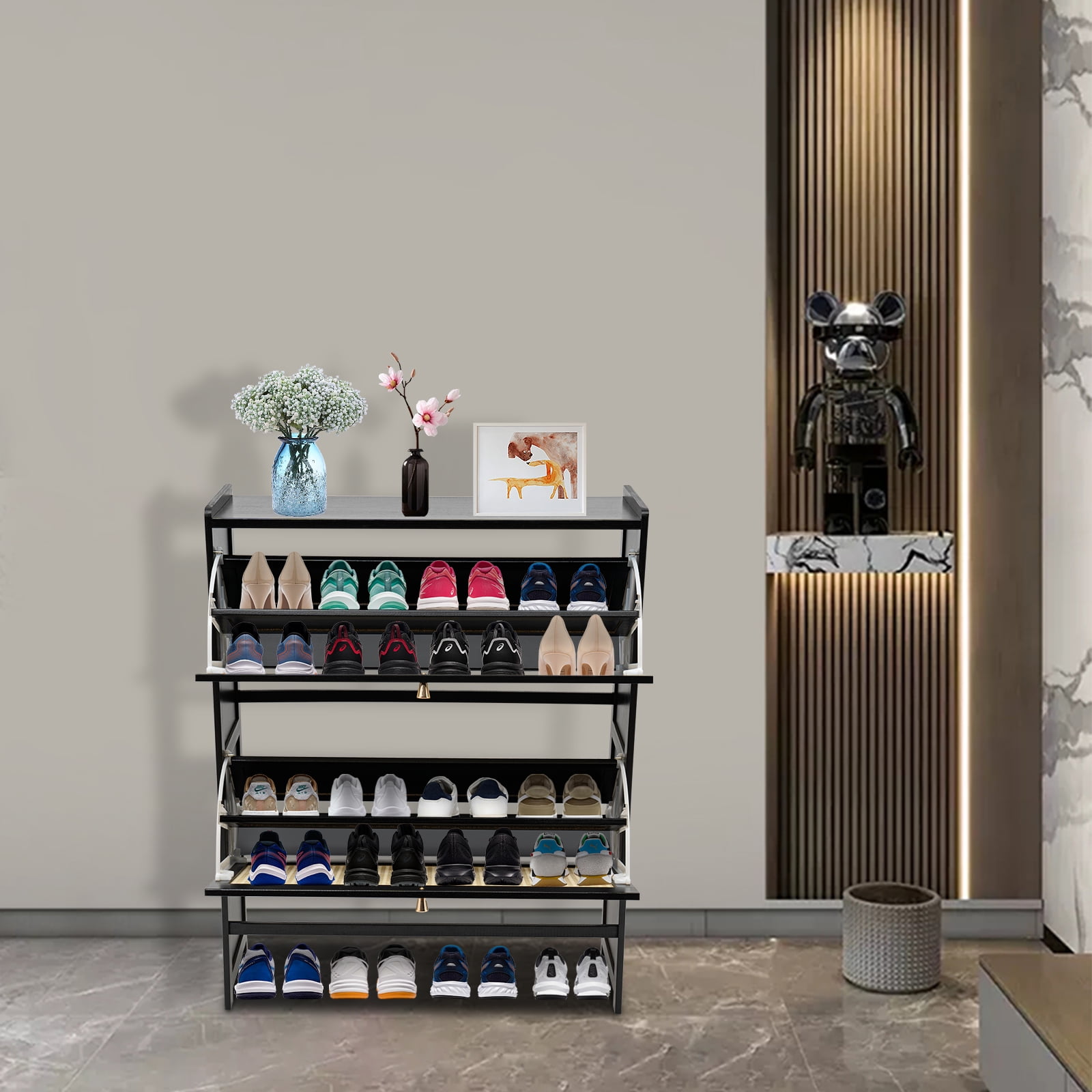 Stylish Shoe Cabinet with 4-Tier Storage, Fold-Out Doors, Bamboo and ...