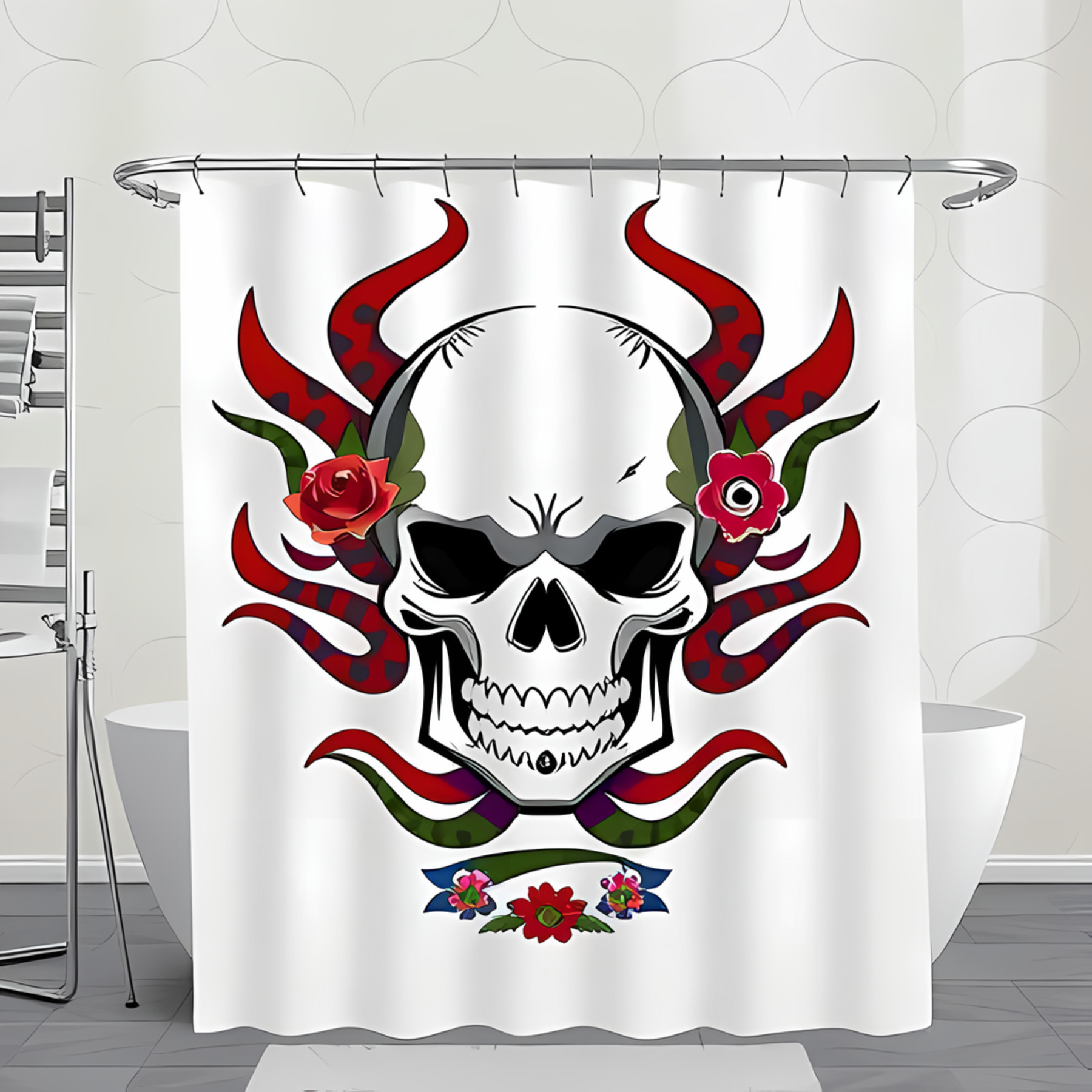 Stylish Shower Curtain with Flames & Roses - Modern Bathroom Decor ...